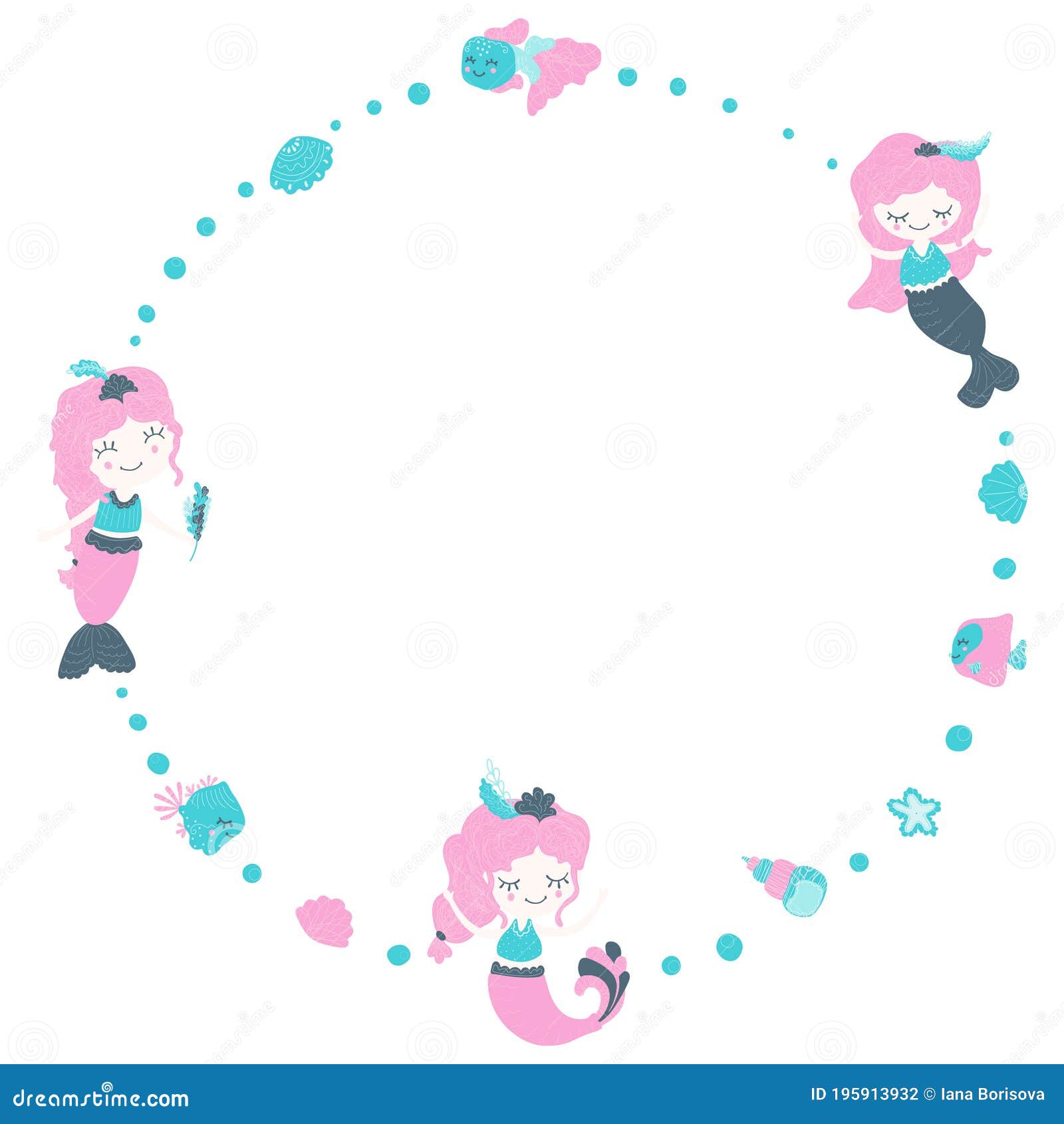 Round Frame of Cute Pretty Good Girls Mermaids with Bubbles, Seashells ...