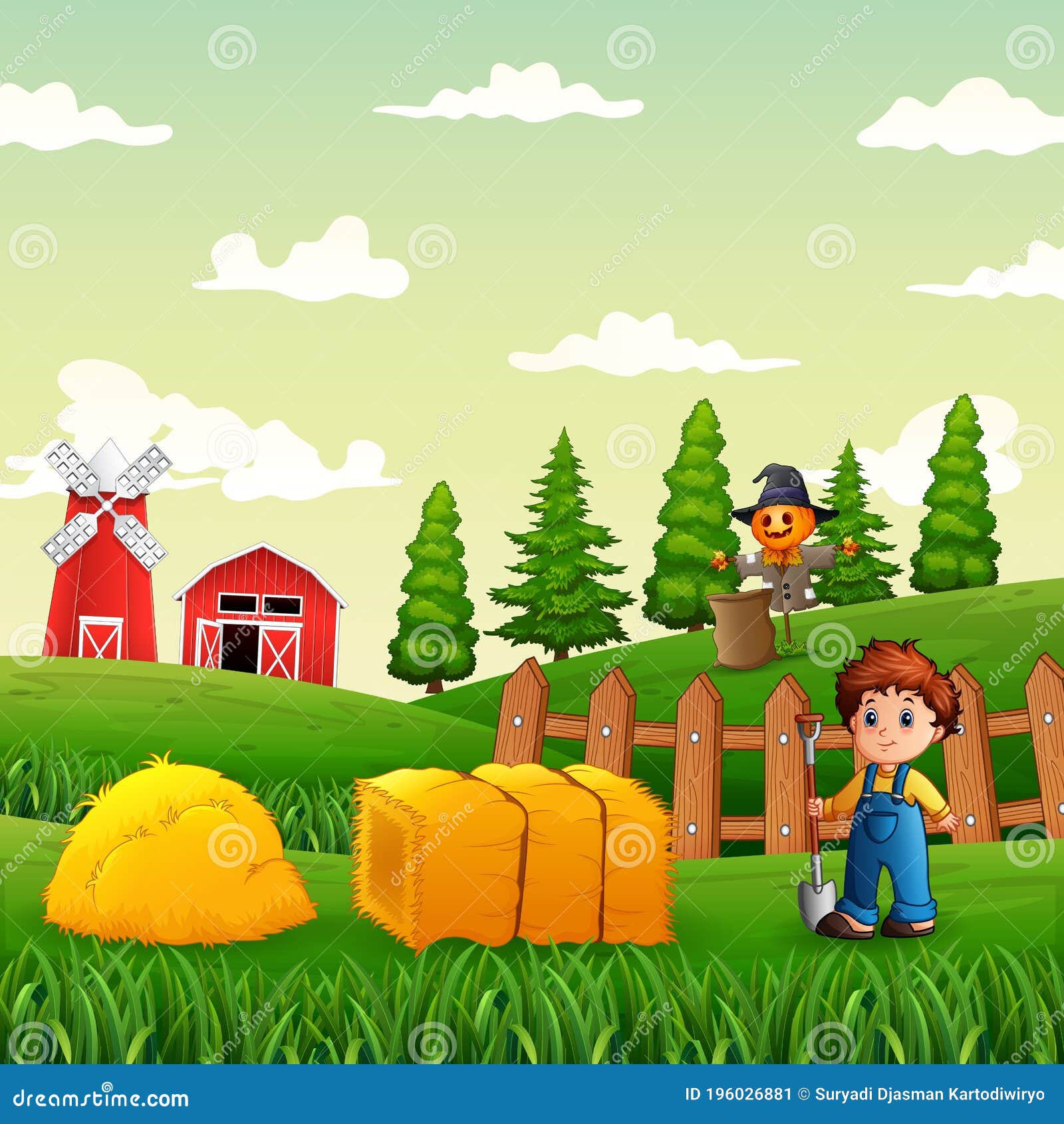 Farmer Working On Hayfield Vector Illustration. Young Rancher ...