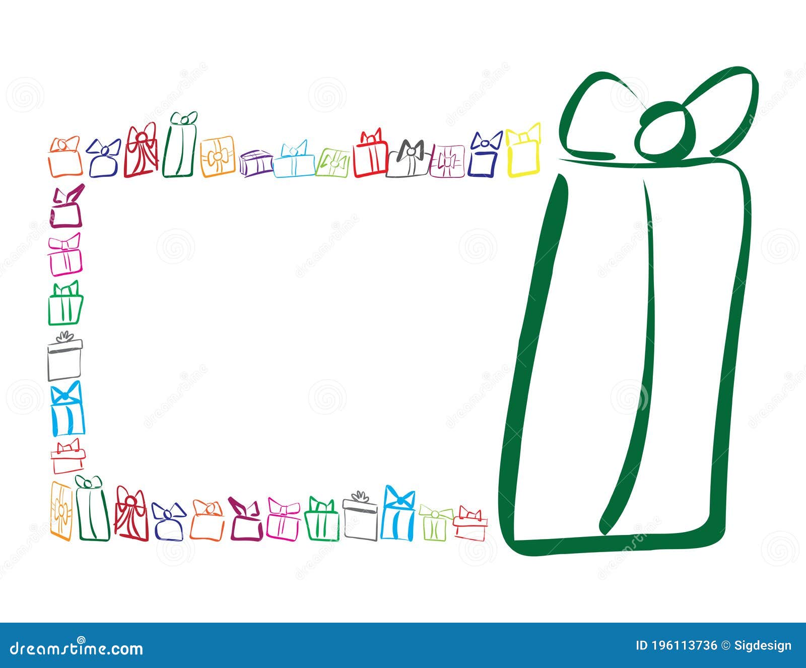 Colorful Hand Drawn Gifts Boxes Frame with Large Green Gift Box Stock ...