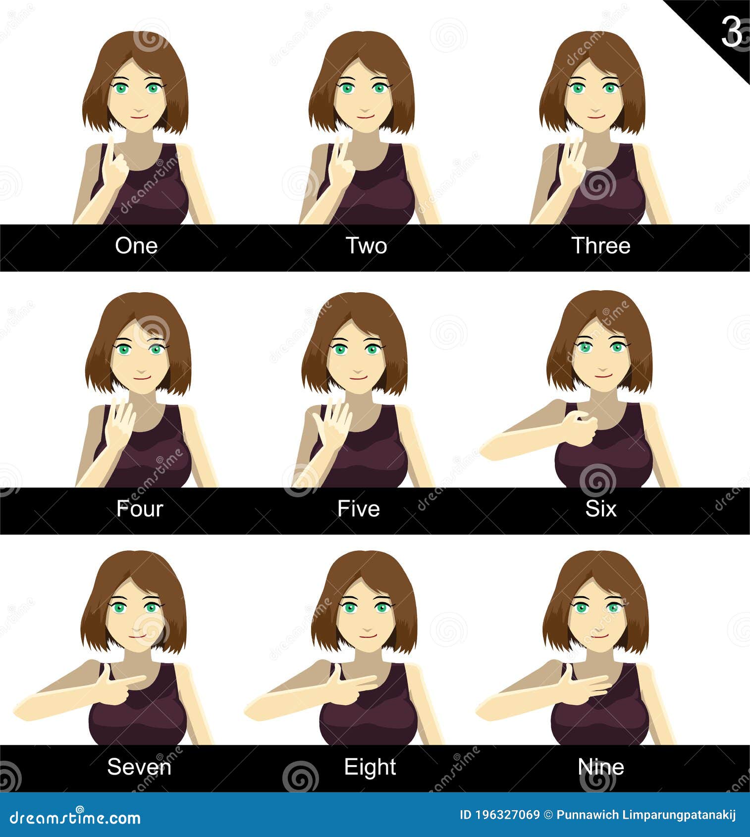 Manga Style Sign Language Set 3 Numbers Stock Vector - Illustration of ...