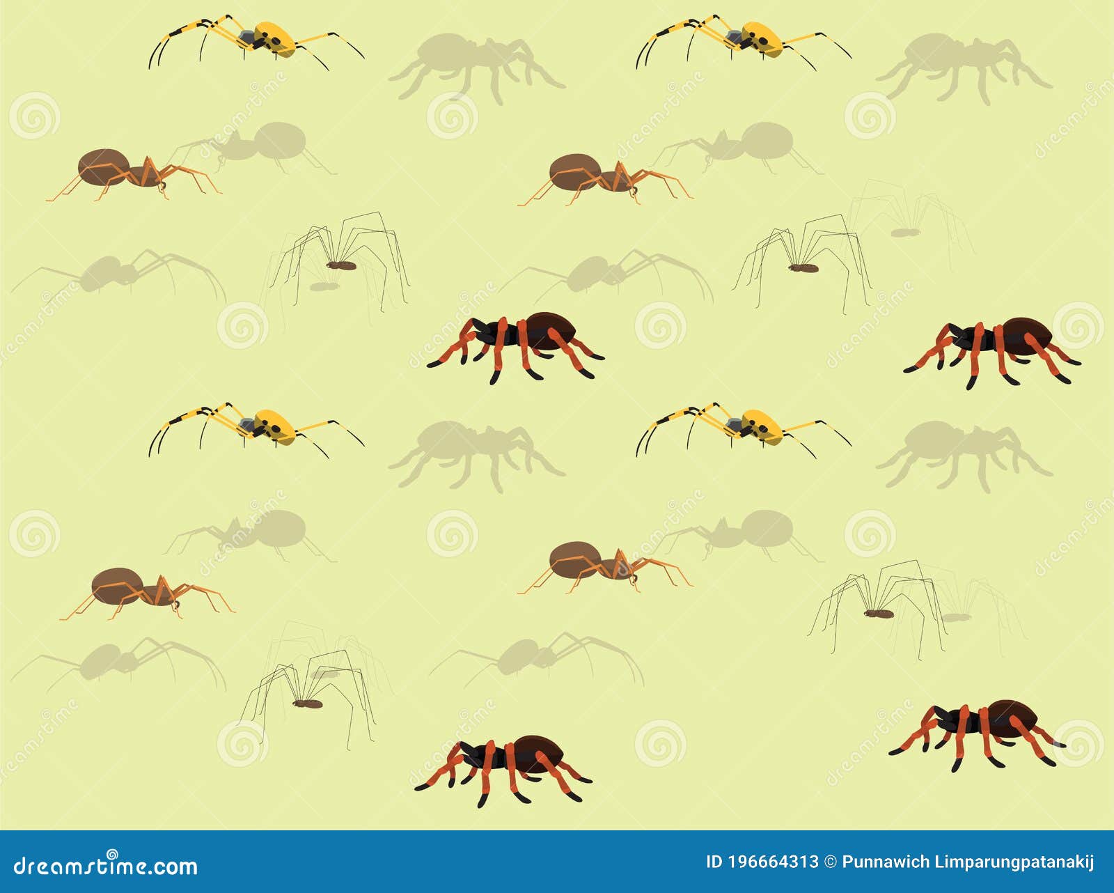 Various Spider Side Cartoon Character Vector Seamless Background ...