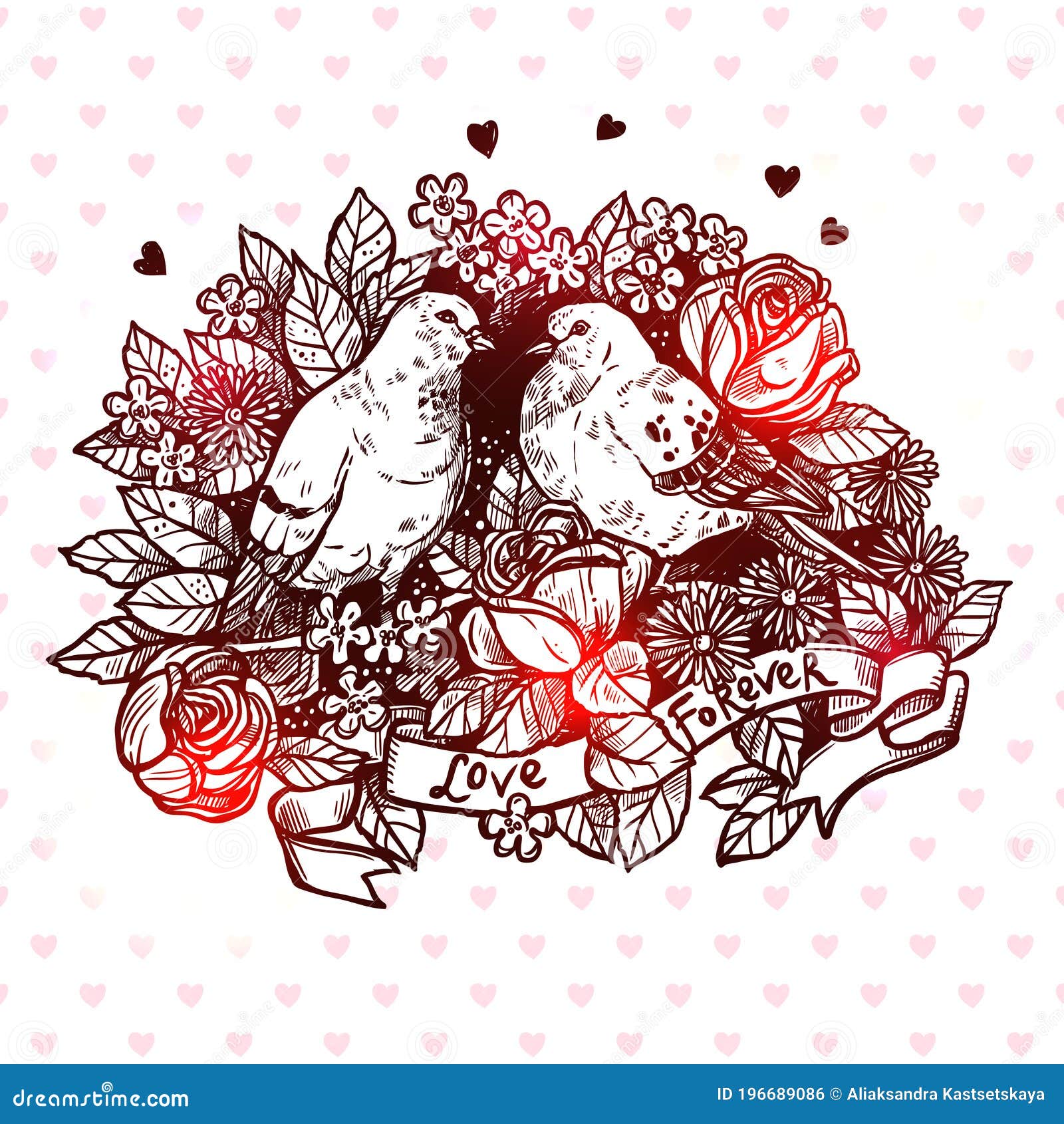 Hand Drawn Love, Wedding and Valentines Day Card with Pigeons Couple ...