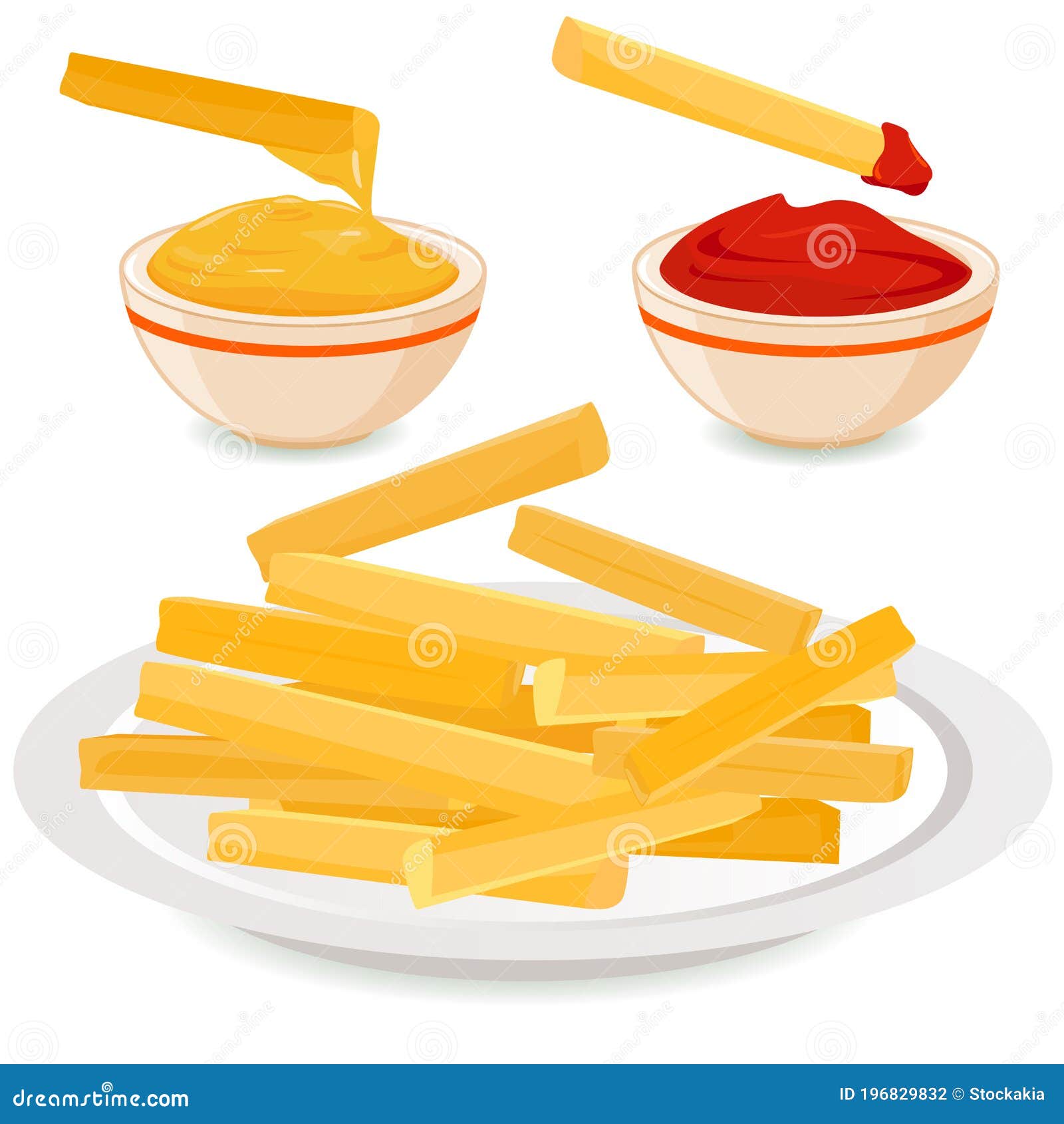 French Fries and Bowls with Dipping Sauces. Vector Illustration. Stock ...