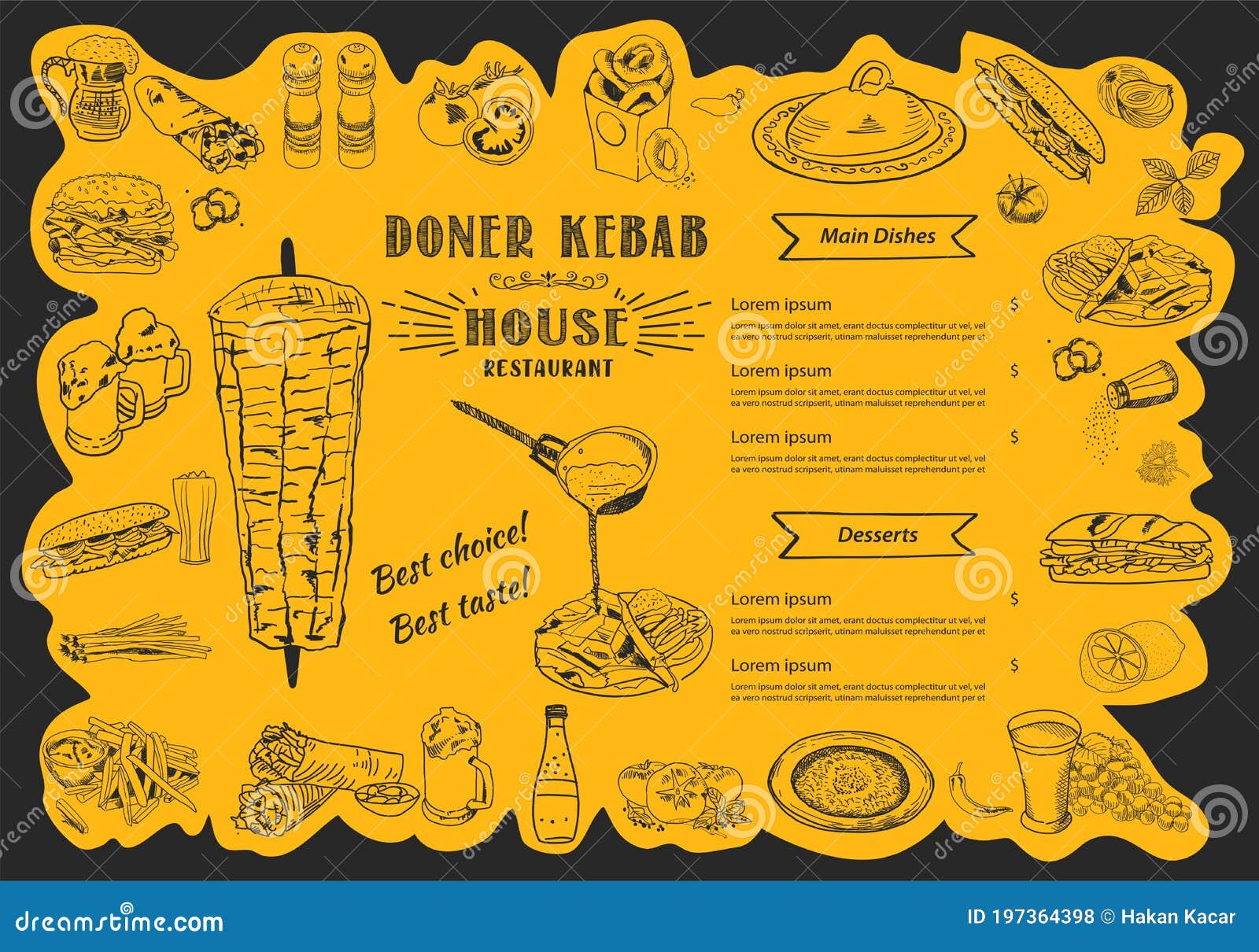 Doner Kebab Cooking and Ingredients for Kebab. Fast Food Menu Design ...