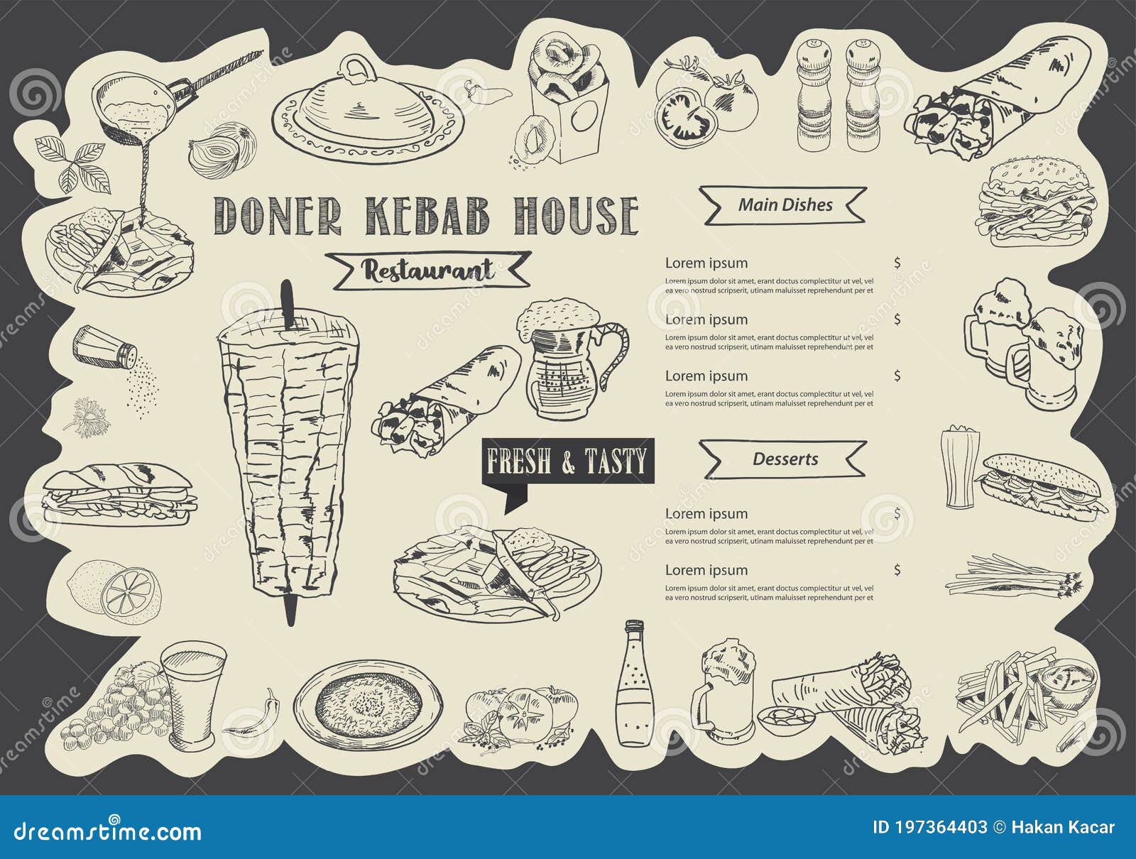 Doner Kebab Cooking and Ingredients for Kebab. Fast Food Menu Design ...