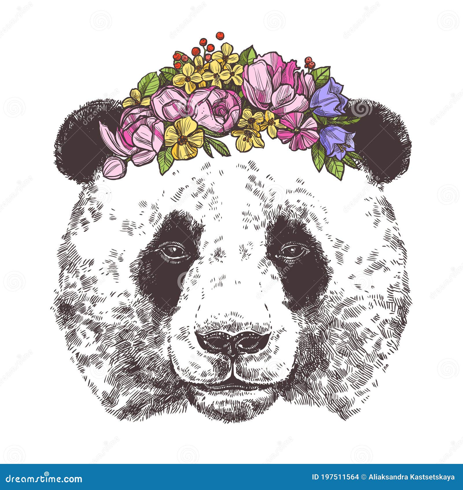 Sketch of Giant Panda with Flower Wreath. Hand Drawn Head in Monochrome ...