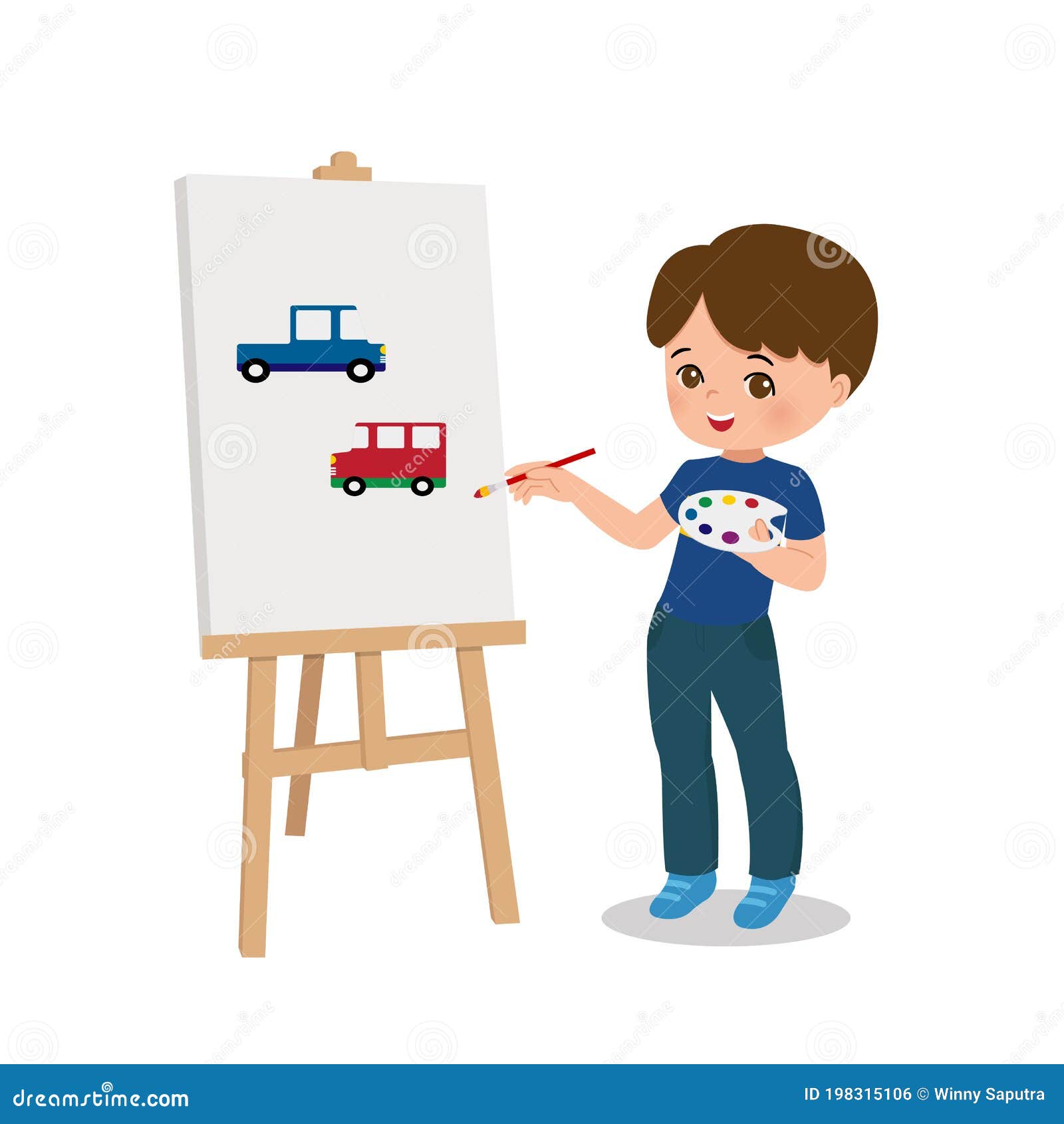 Talented Little Boy Drawing Cars on Canvas Using Paint Brush. Painting ...