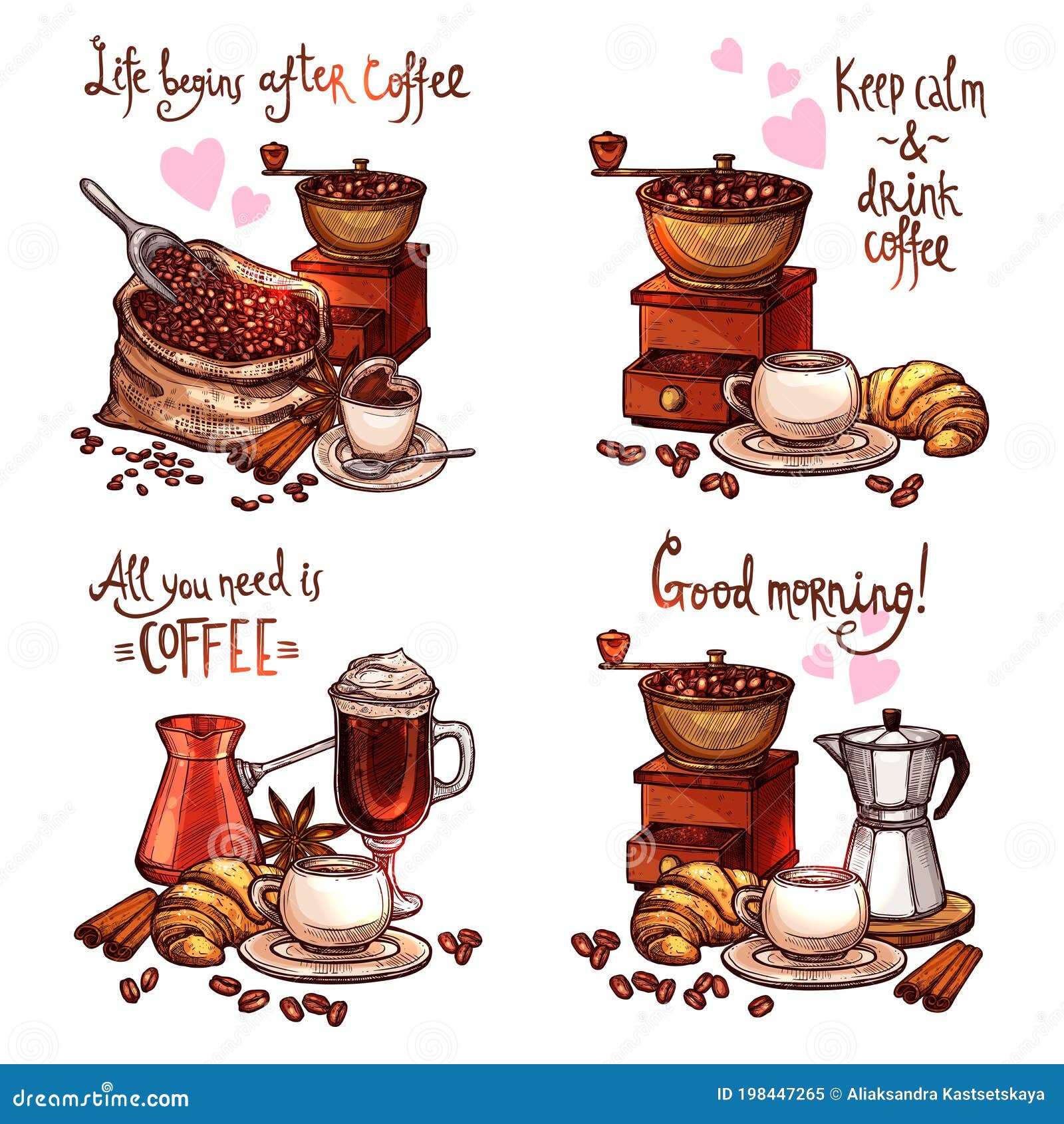 Coffee Hand Drawn Set. Four Color Coffee Still Lifes with Lettering ...