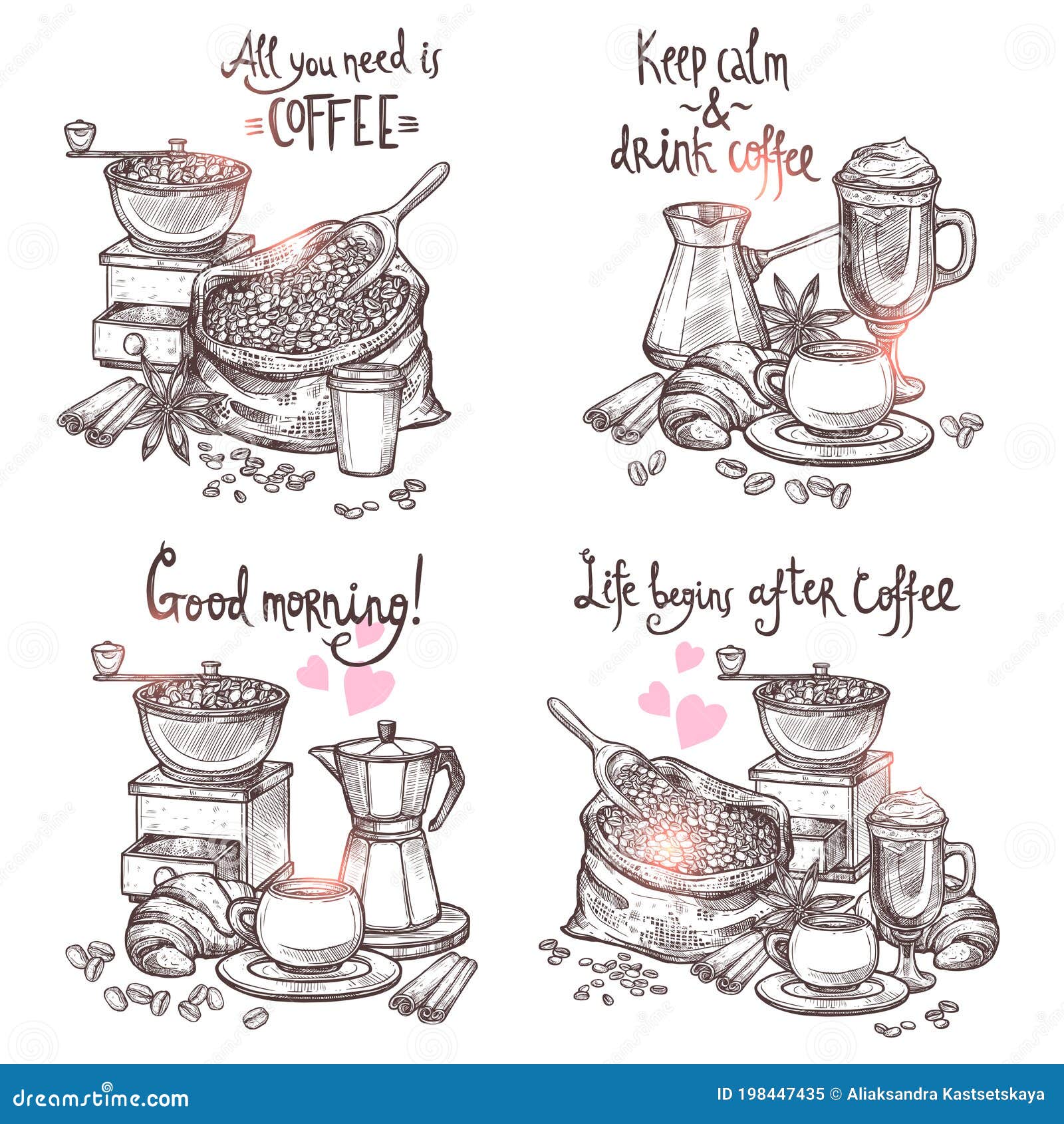 Coffee Sketch Set. Four Color Coffee Still Lifes with Lettering in Hand ...