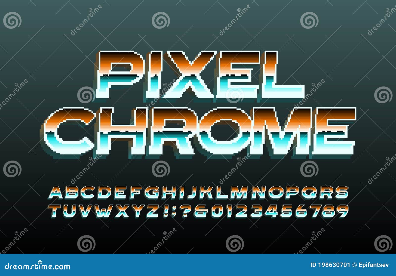 Pixel Chrome Alphabet Font. Digital Letters And Numbers. Vector ...