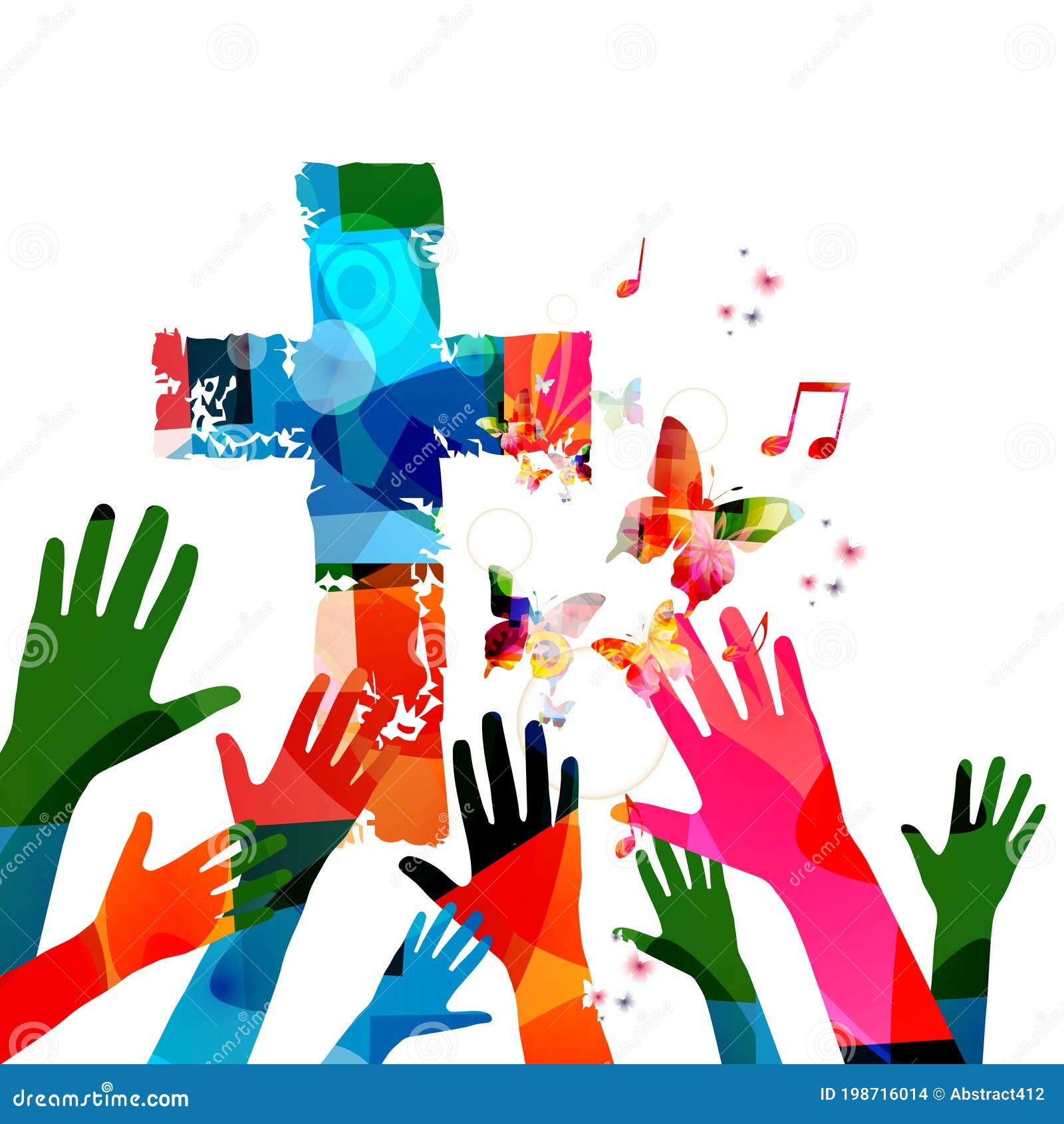 Colorful Christian Cross with Music Notes and Hands Isolated Vector ...