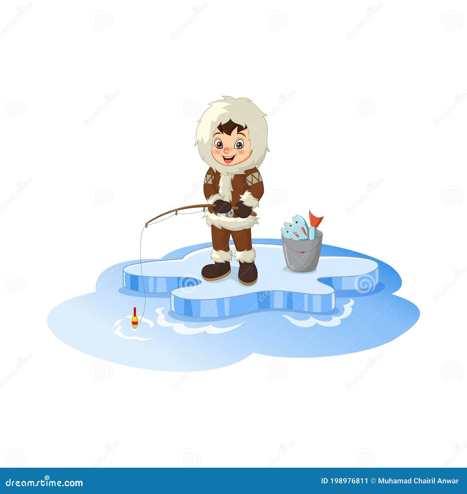 Cartoon Arctic Eskimo Fishing on Ice Floe Stock Vector - Illustration ...