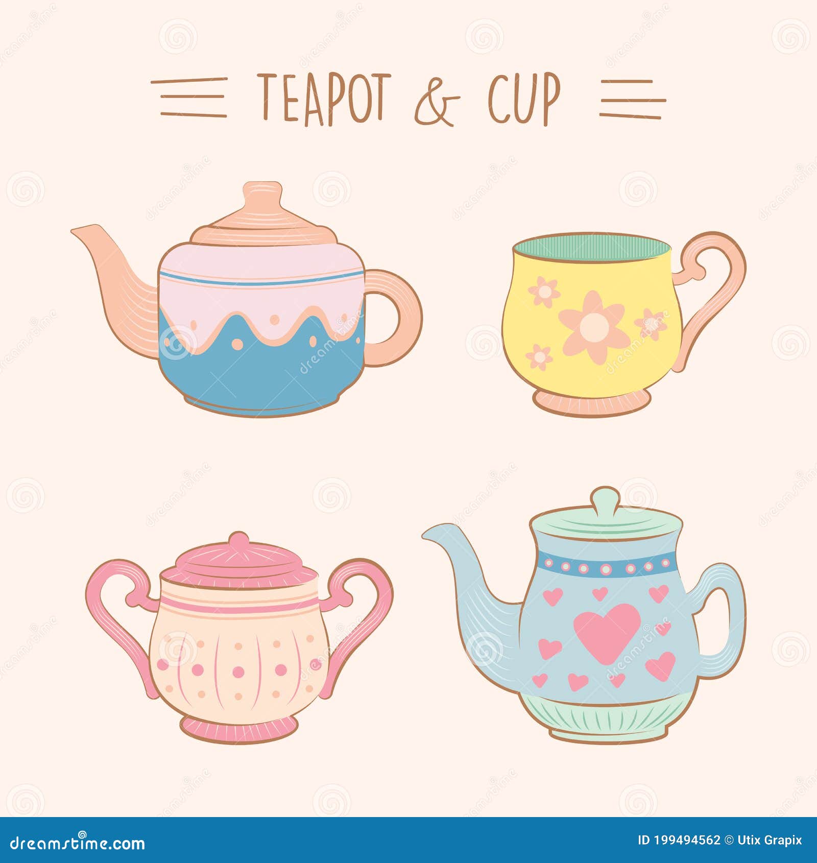 Collection of Vintage Cute Teacup and Cup Illustration Set Flat Color ...