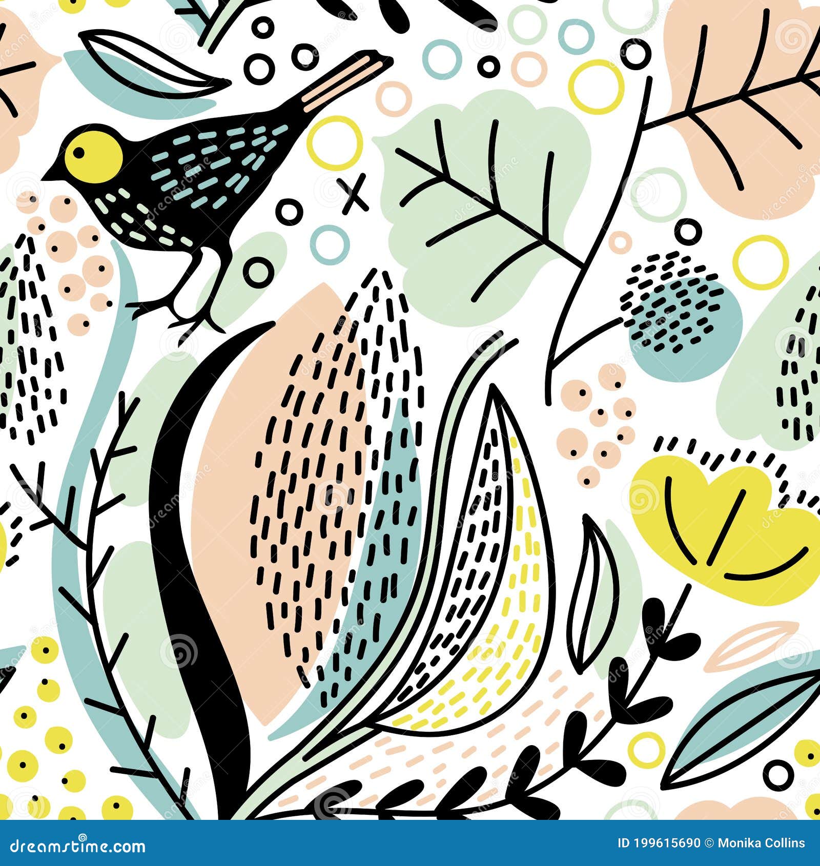 Flora and Fauna Pattern with Leaves and Circles Stock Illustration ...