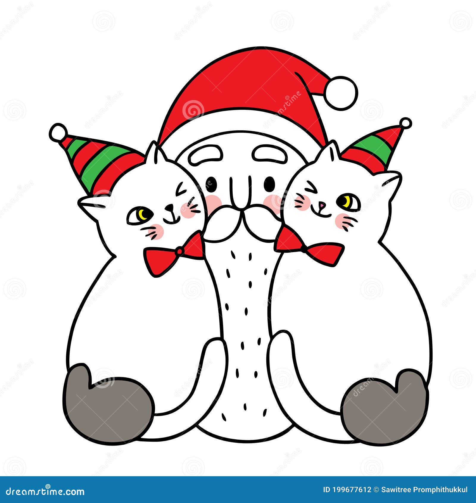 Hand Draw Cartoon Cute Merry Christmas, Santa Claus and Two Cats Vector ...