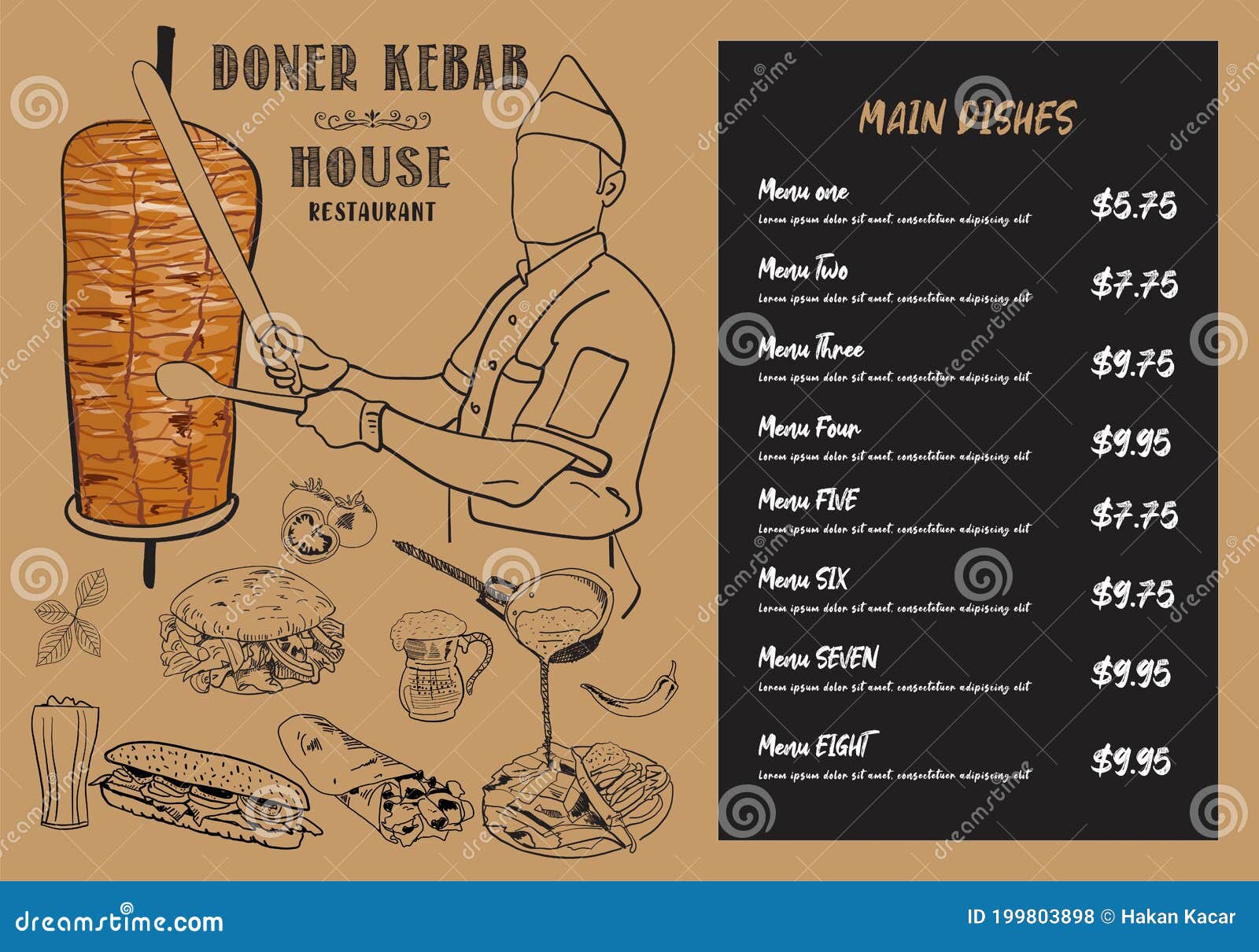 Doner Kebab Cooking and Ingredients for Kebab. Fast Food Menu Design ...