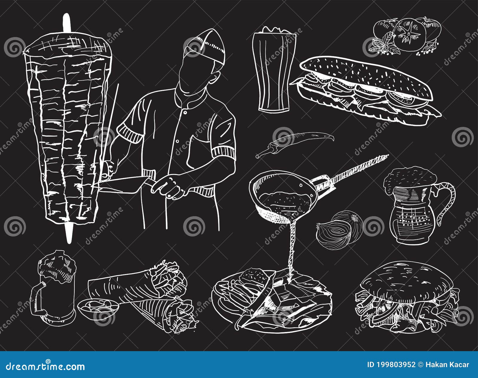 Doner Kebab Cooking And Ingredients For Kebab. Fast Food Menu Design ...