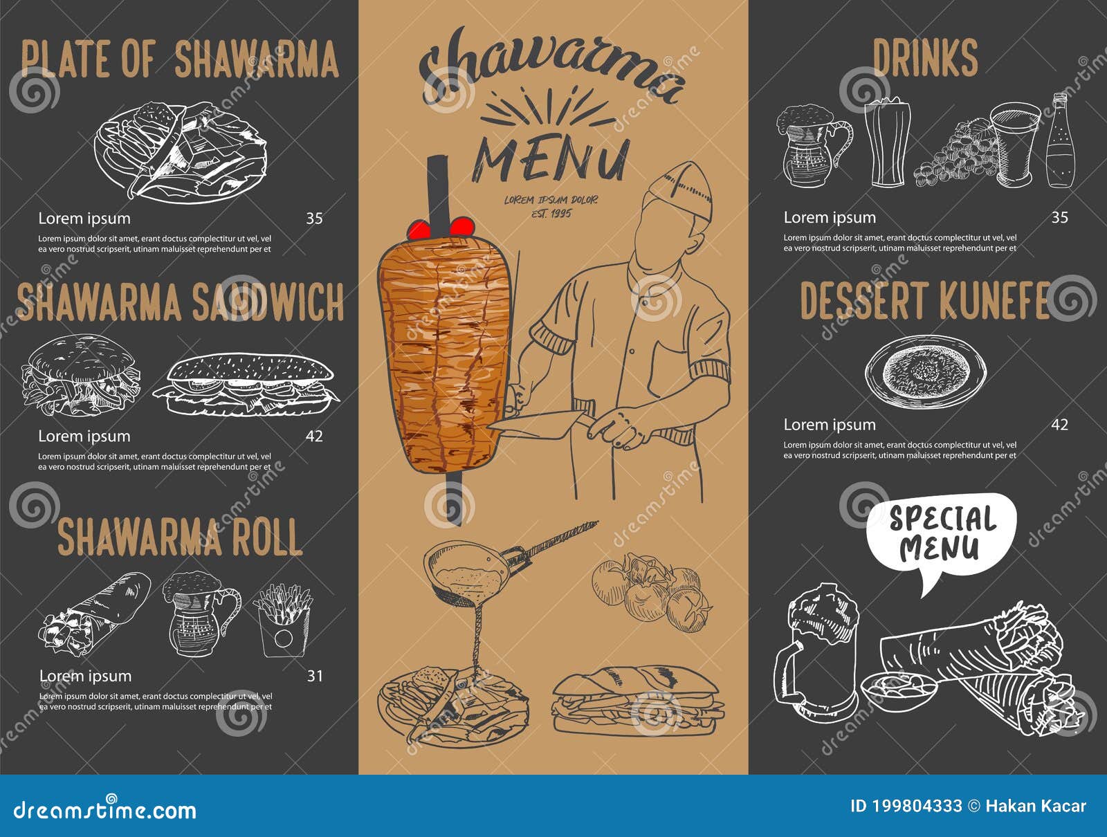 Doner Kebab Cooking and Ingredients for Kebab. Fast Food Menu Design ...