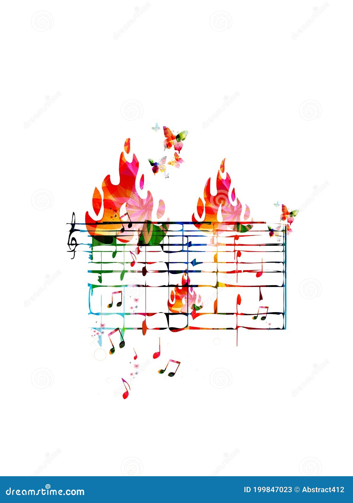 Colorful Stave With Music Notes And Butterflies Isolated Vector ...