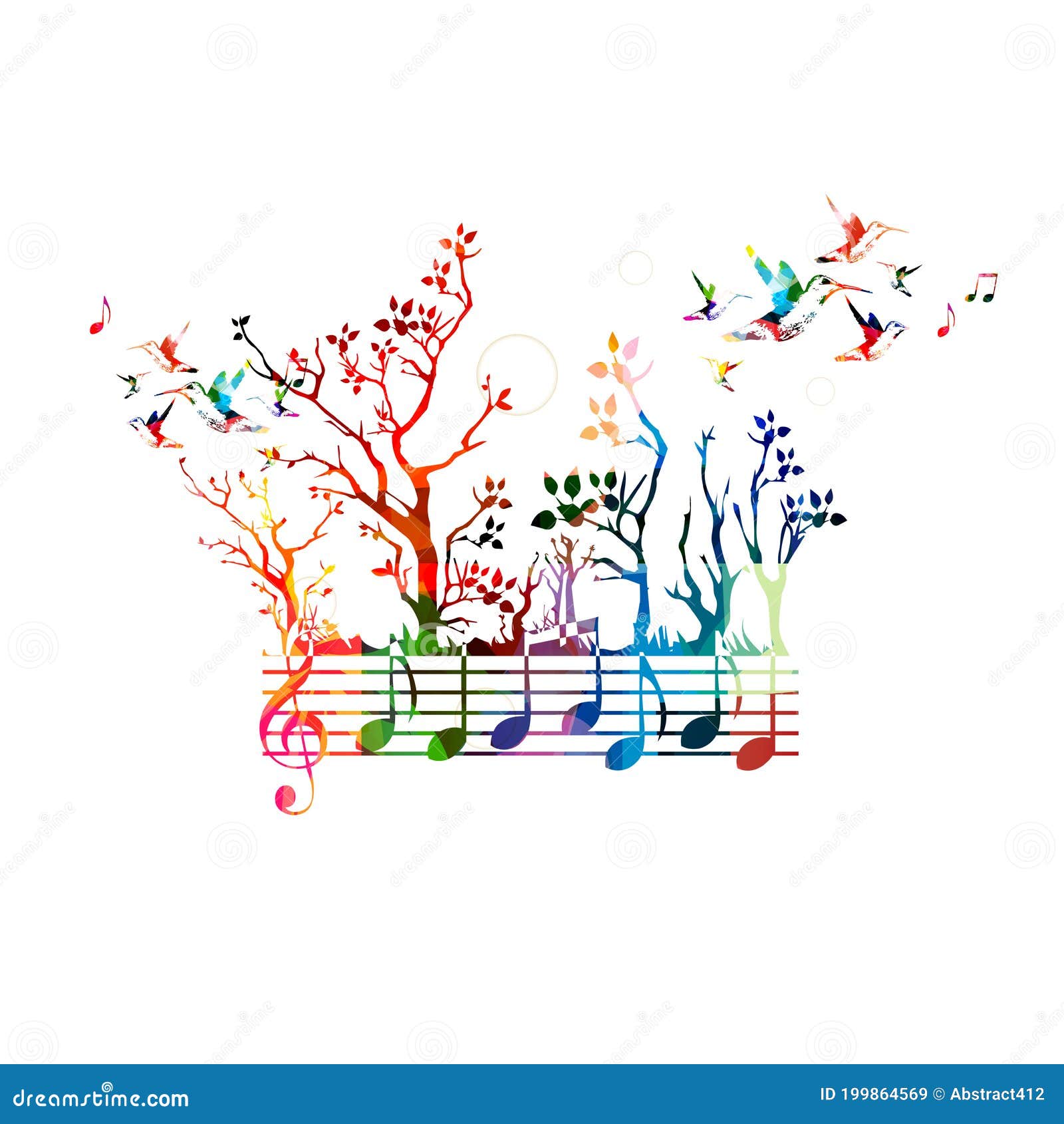 Colorful Music Background with Music Notes and Hummingbirds Stock ...