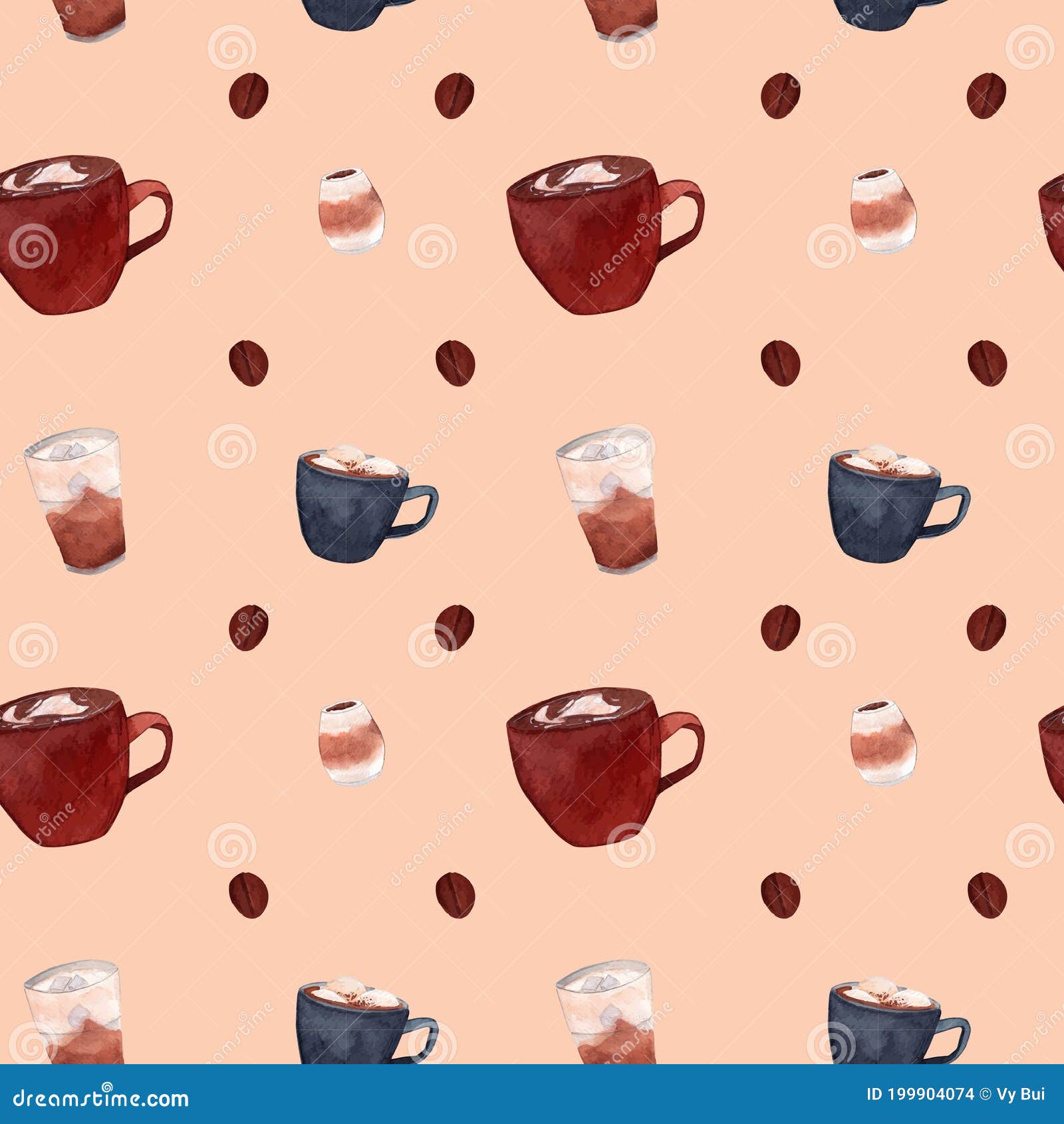 Watercolor Coffee Seamless Pattern. Beverage Drink Handdrawn Background ...