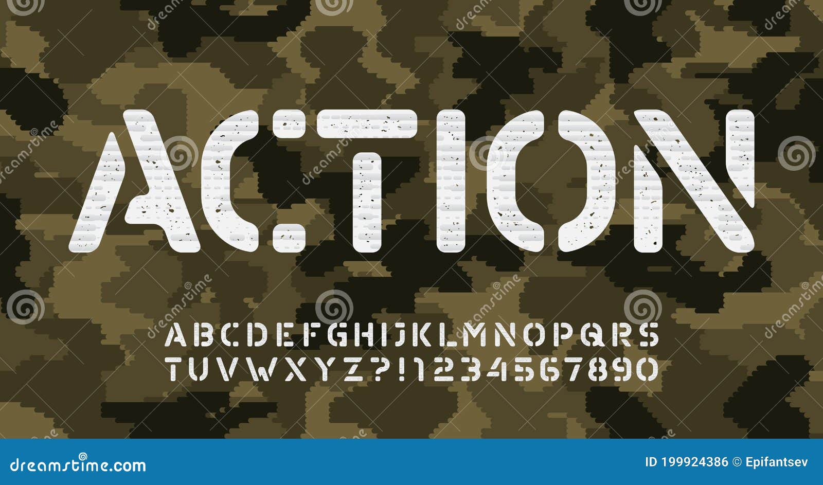 Action Alphabet Font. Stencil Type Letters and Numbers on Textile Camo ...