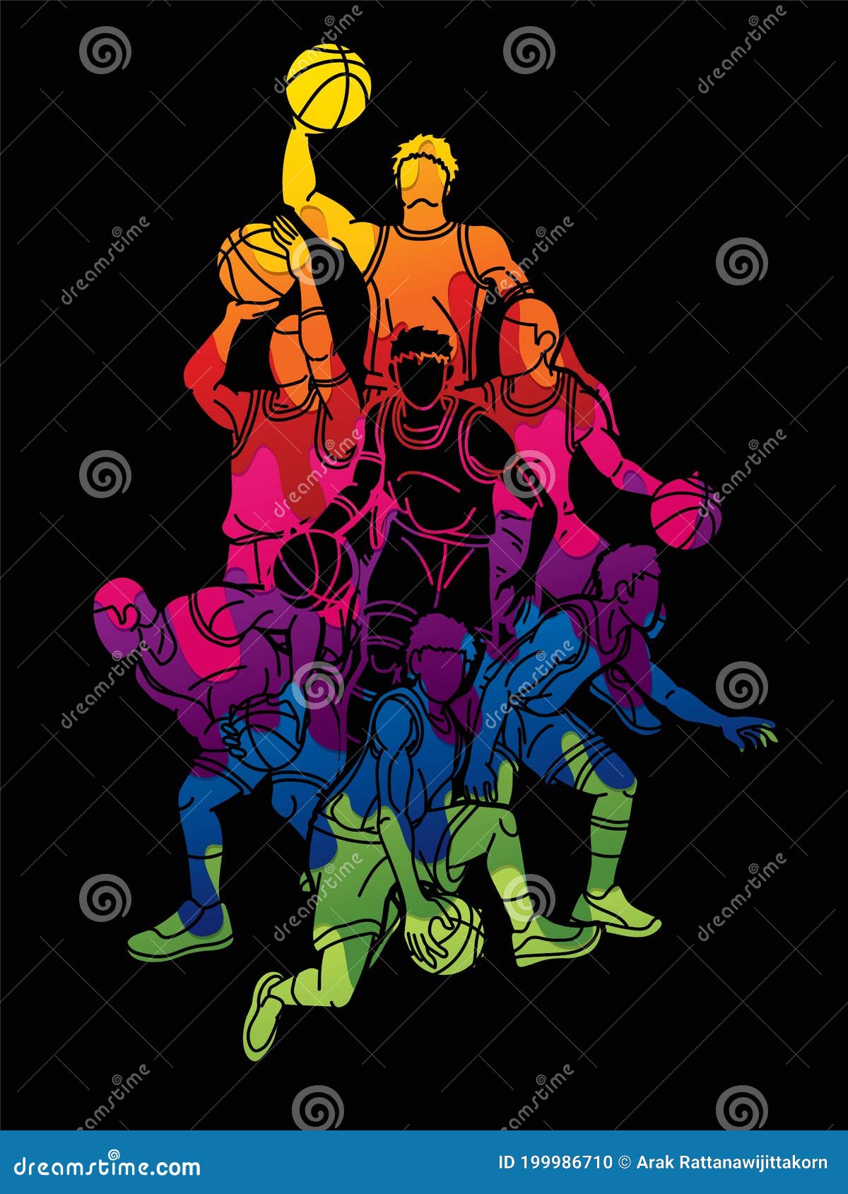 Group of Basketball Players Action Cartoon Sport Graphic Vector. Stock ...
