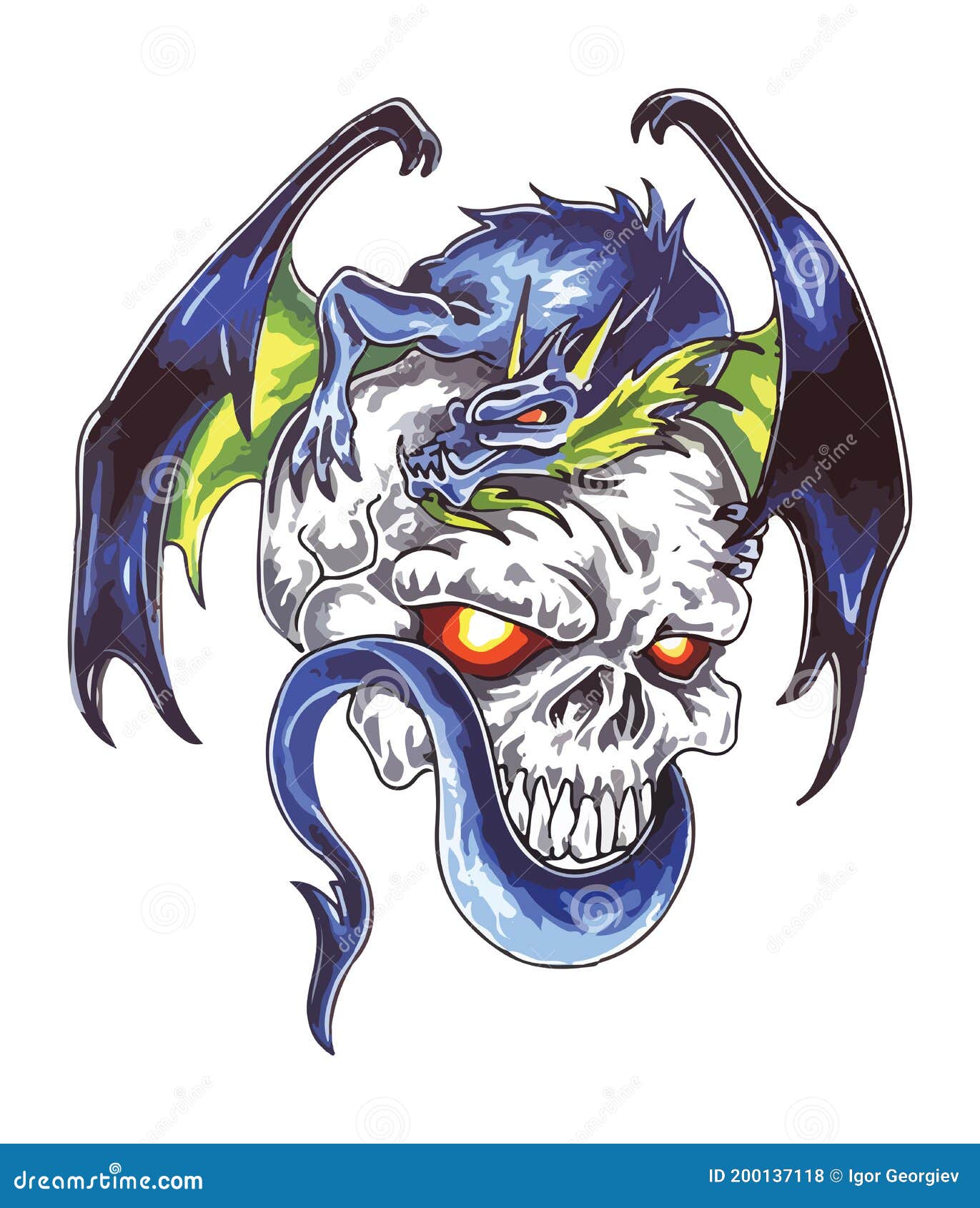 Dragon on Skull Tattoo Flash. Set of Labels and Elements. Vector Set ...