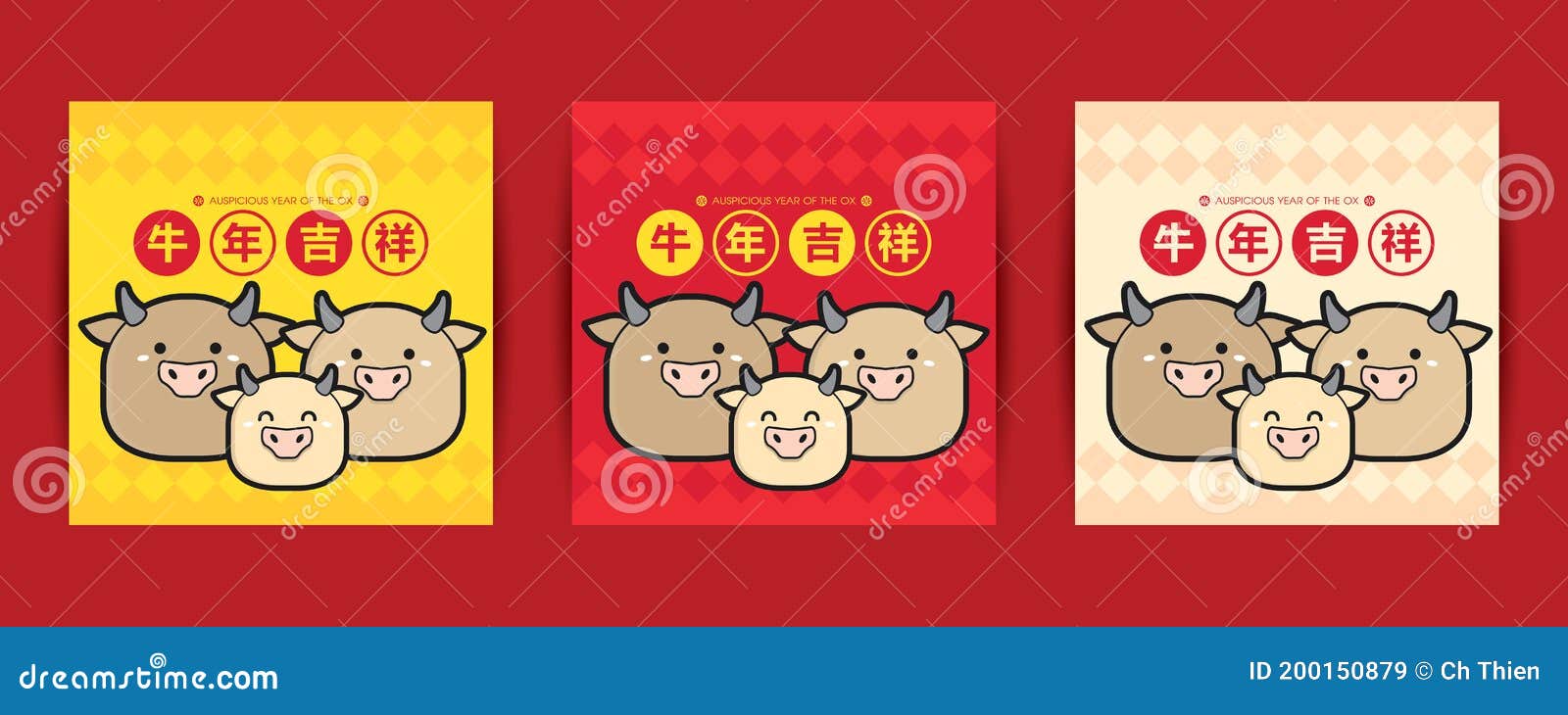 Set of 2021 Year of Ox Greeting Illustration with Cute Cow/ox Family ...