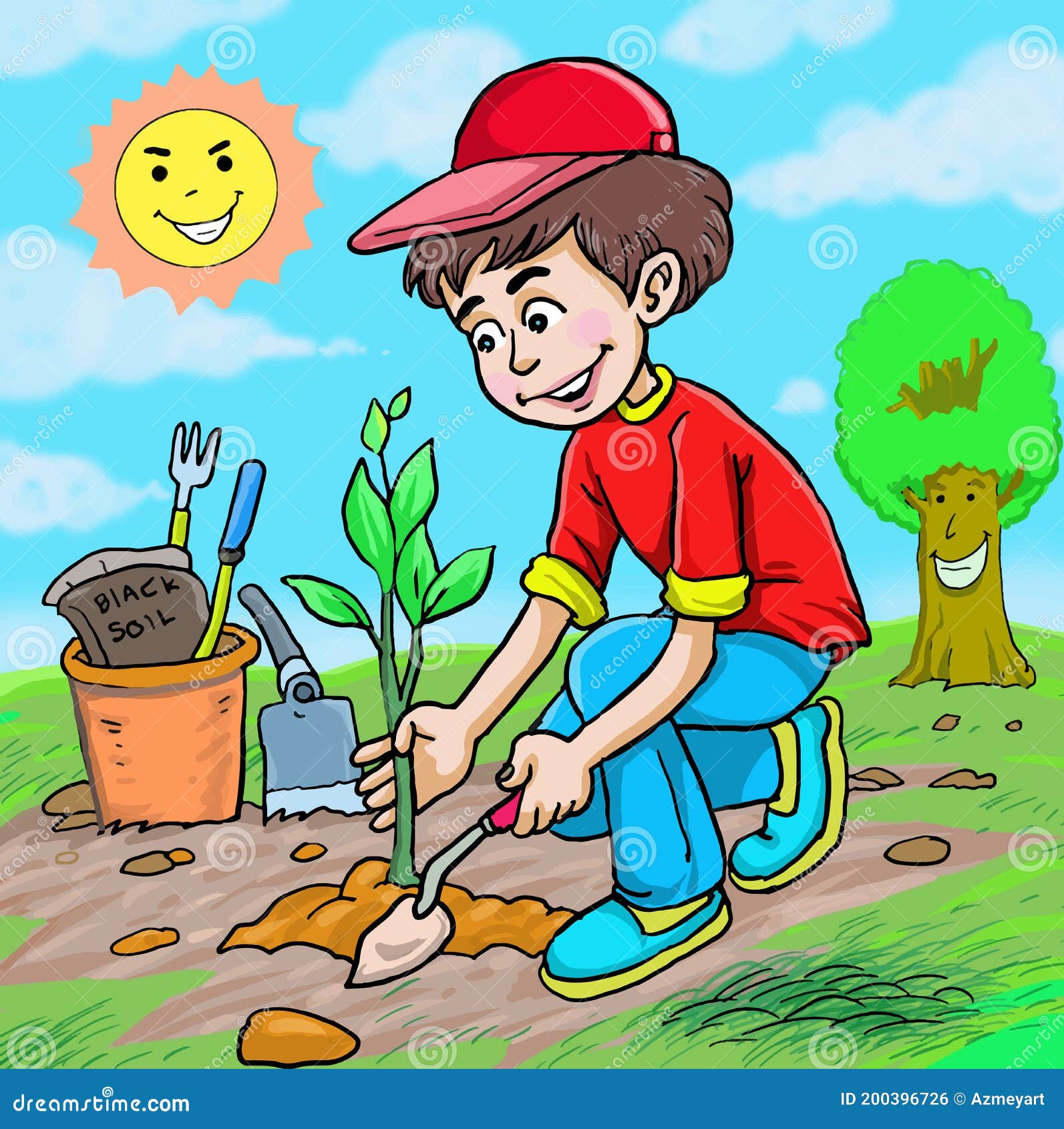 Boy Planting a Tree in the Garden on the a Cheerful Day Stock Vector ...