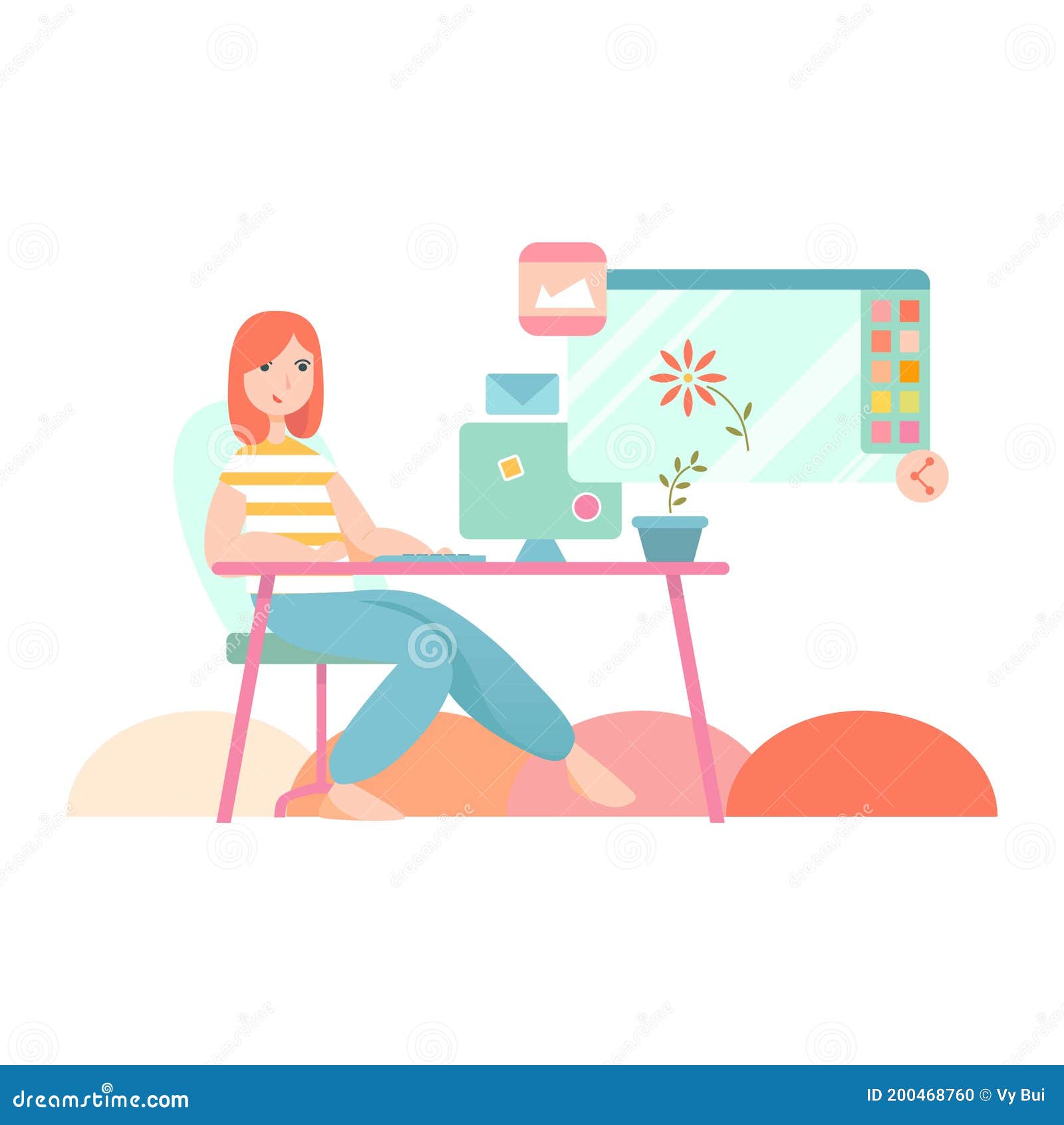 A Girl Working at Her Home Office Illustration. Pink Blue Feminine ...