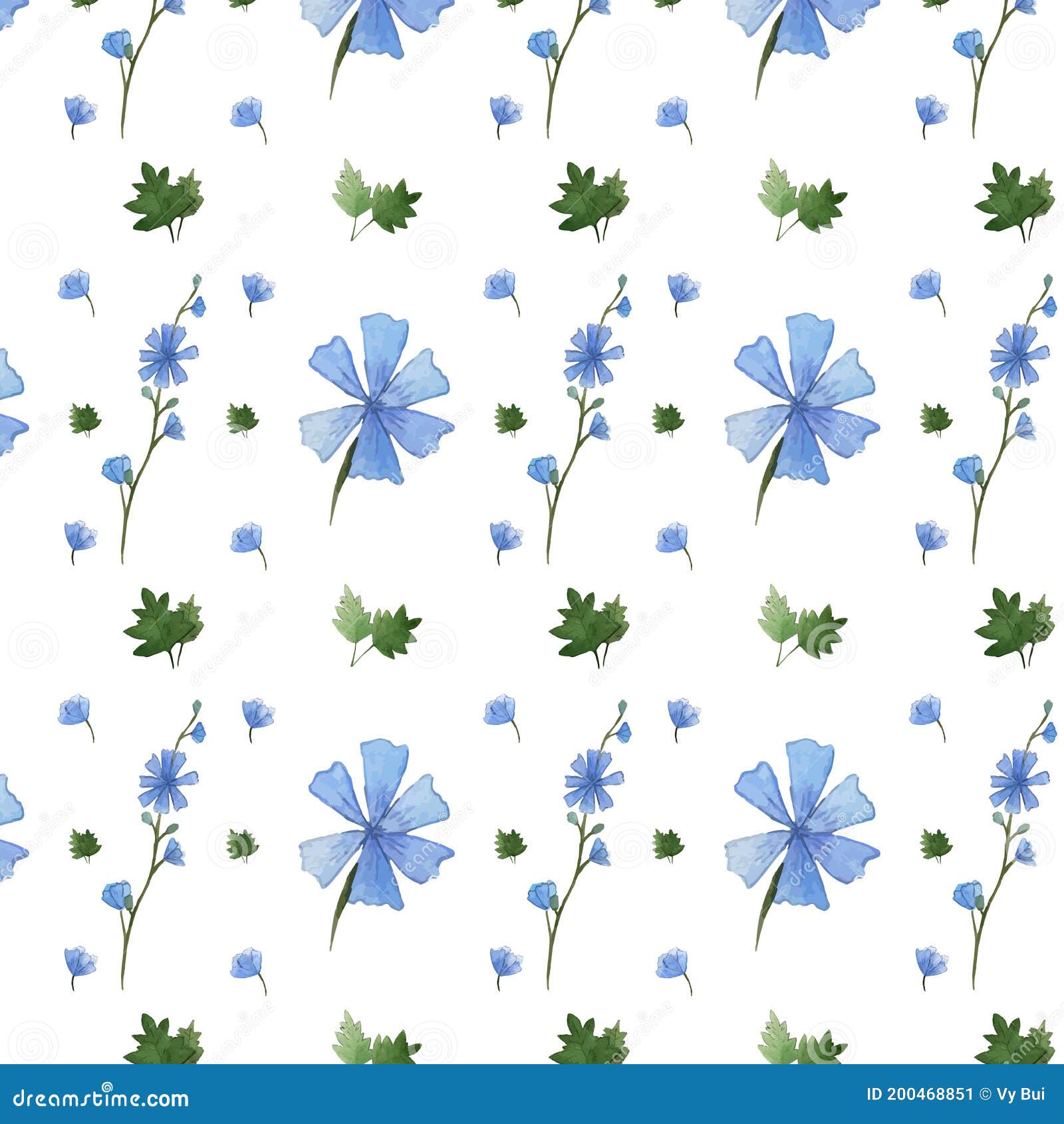 Spring Decorative Pattern: Blue Flowers and Herbs Illustration. Stock ...