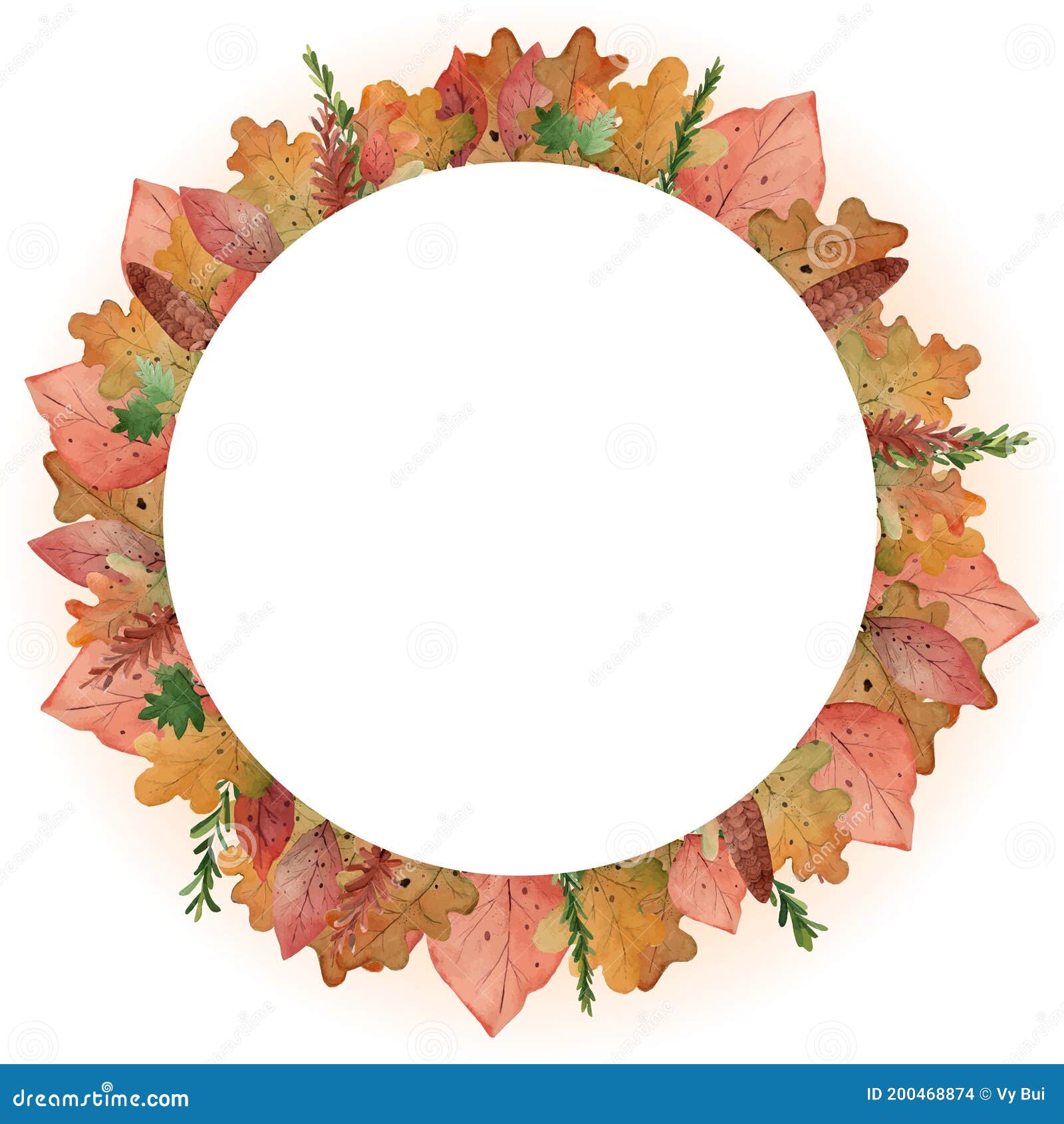 Autumn Leaves Circle Border. Watercolor Foliages and Branches Frame ...