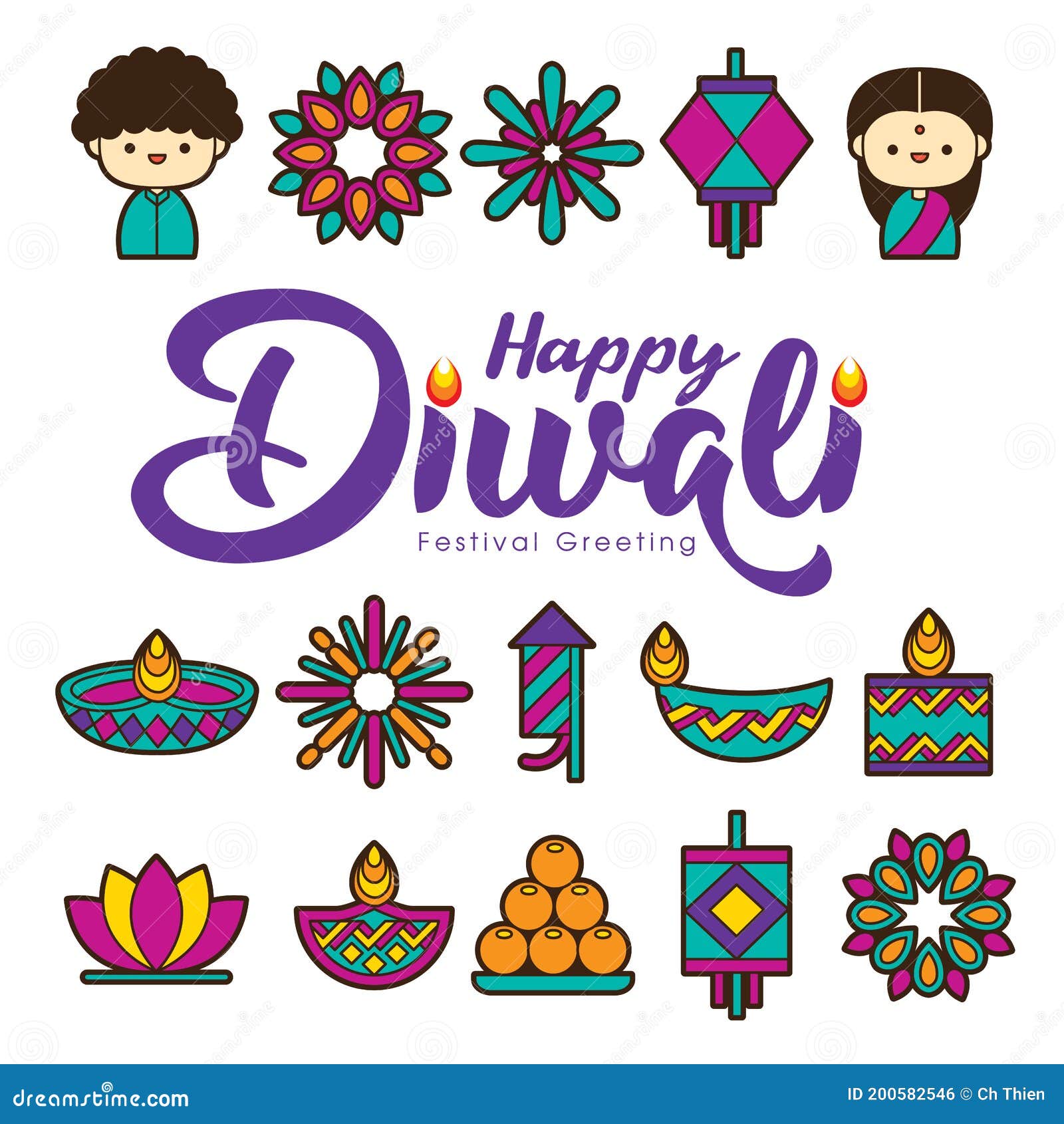 Set of Diwali or Deepavali Symbol or Icon. Flat Modern Elements for ...