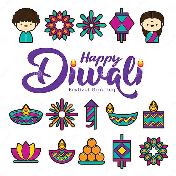 Set of Diwali or Deepavali Symbol or Icon. Flat Modern Elements for ...