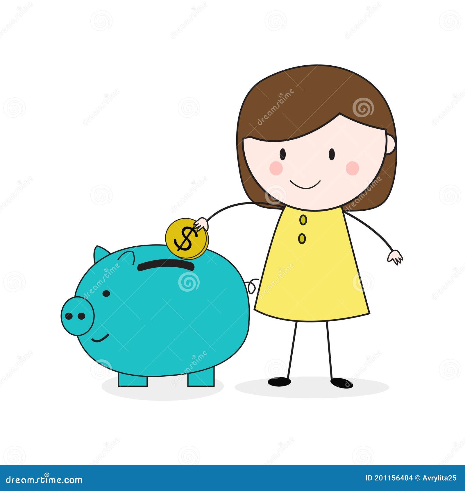 Doodle Girl Save Money on Piggy Bank Illustration Cartoon Vector Stock ...