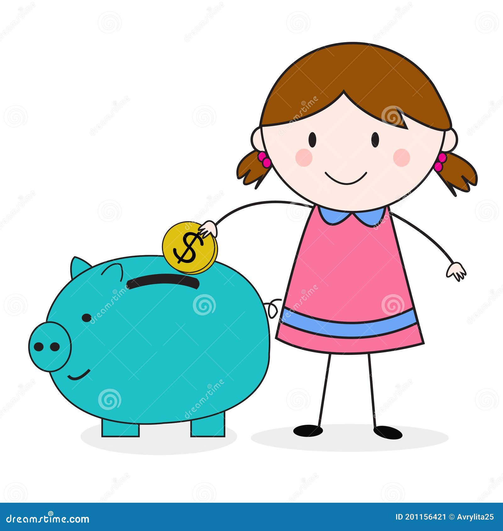 Doodle Girl Save Money on Piggy Bank Illustration Cartoon Vector Stock ...