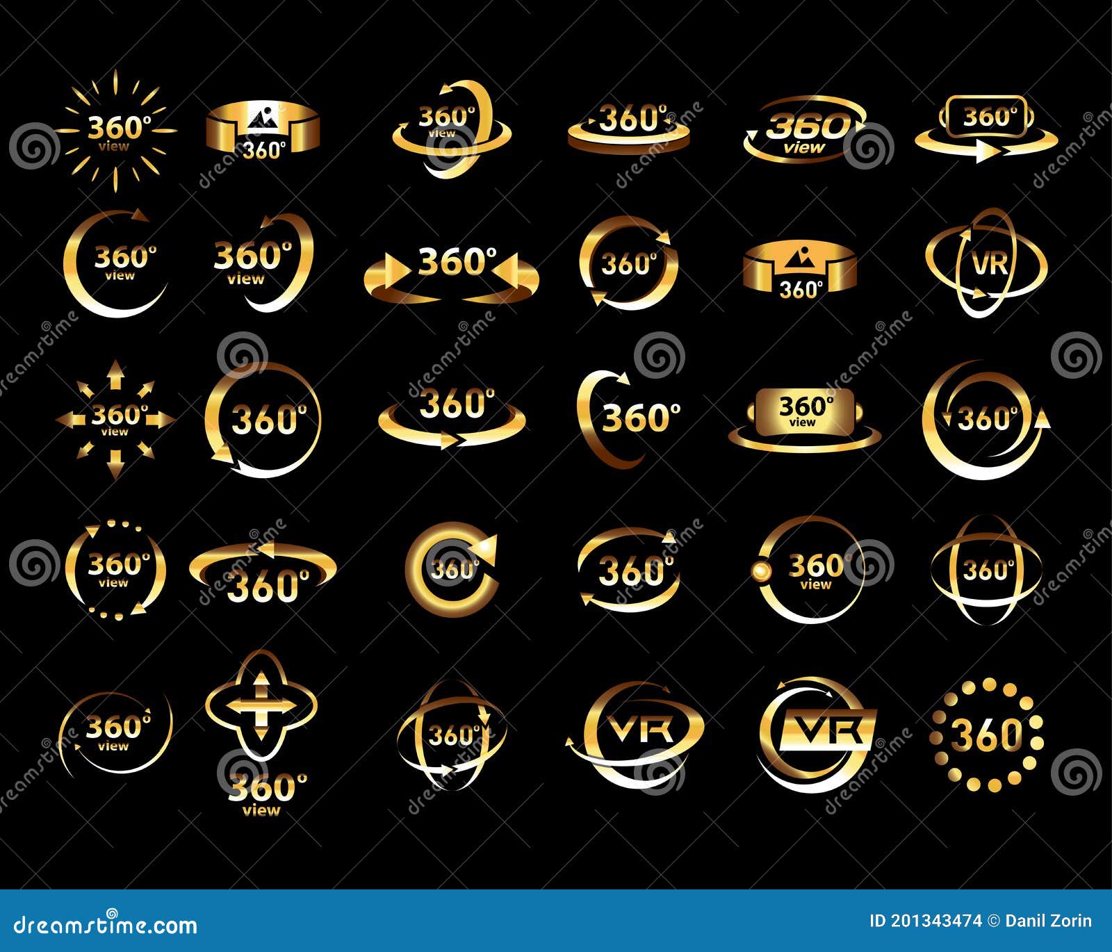 Gold 360 Degrees View Vector Icons Set. Virtual Reality Icons. Isolated ...