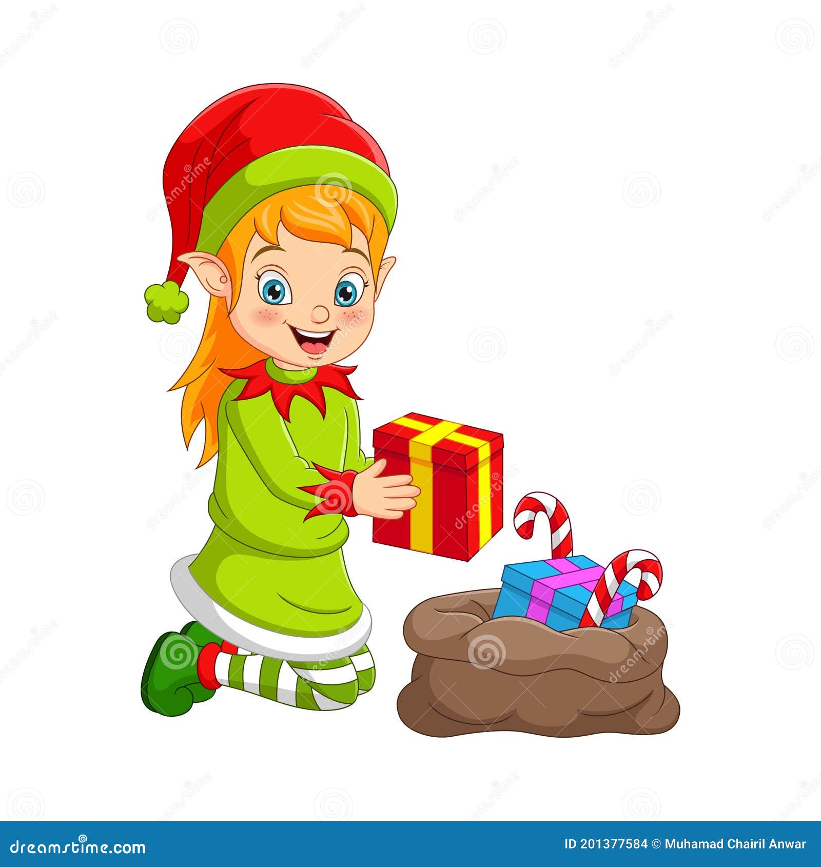 Cartoon Christmas Elf with Bag of Gifts Stock Vector - Illustration of ...
