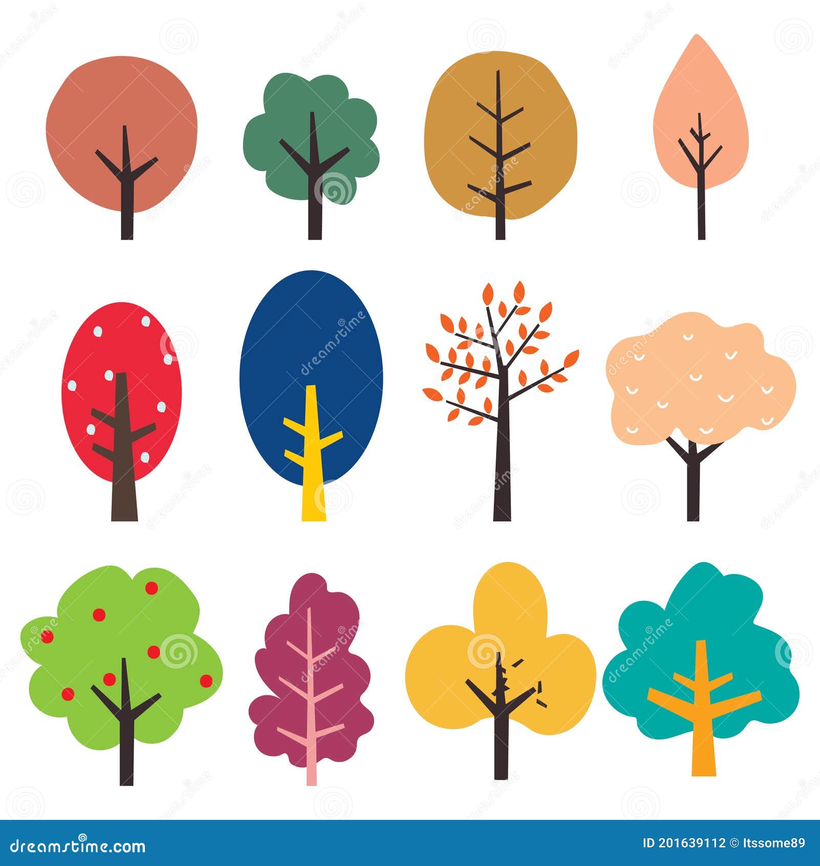 Set of Hand Drawn Vector Tree with Cute Pastel Color. Collection ...