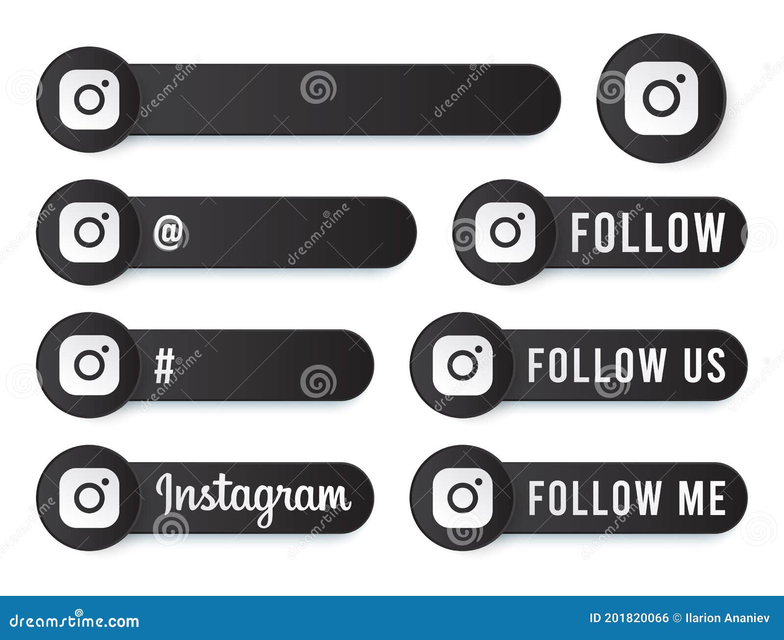 Instagram Buttons Collection with White Logo. Black Social Media Tags ...