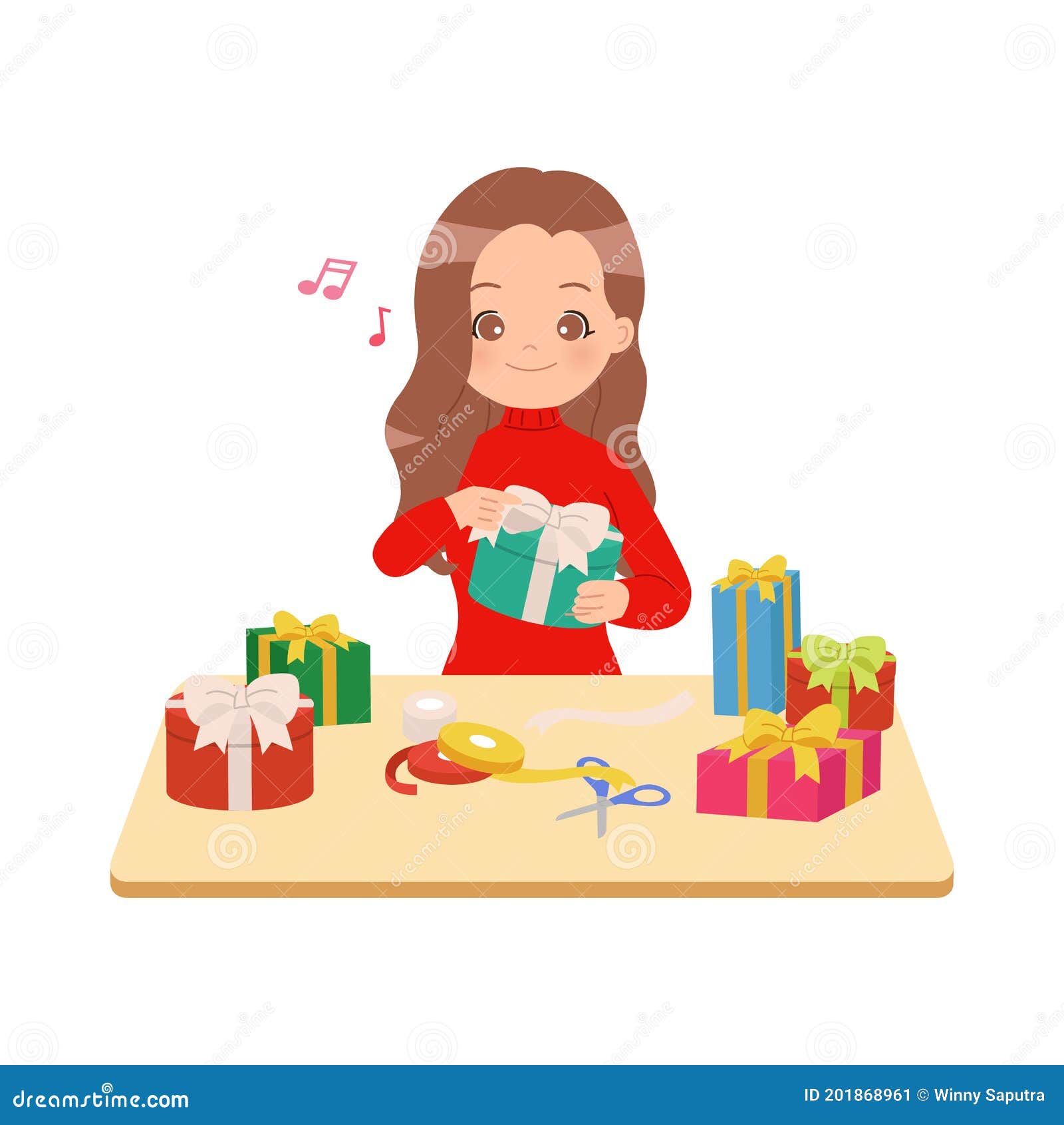 Woman Wrapping Pile of Presents and Decorating it with Ribbons. Stock ...