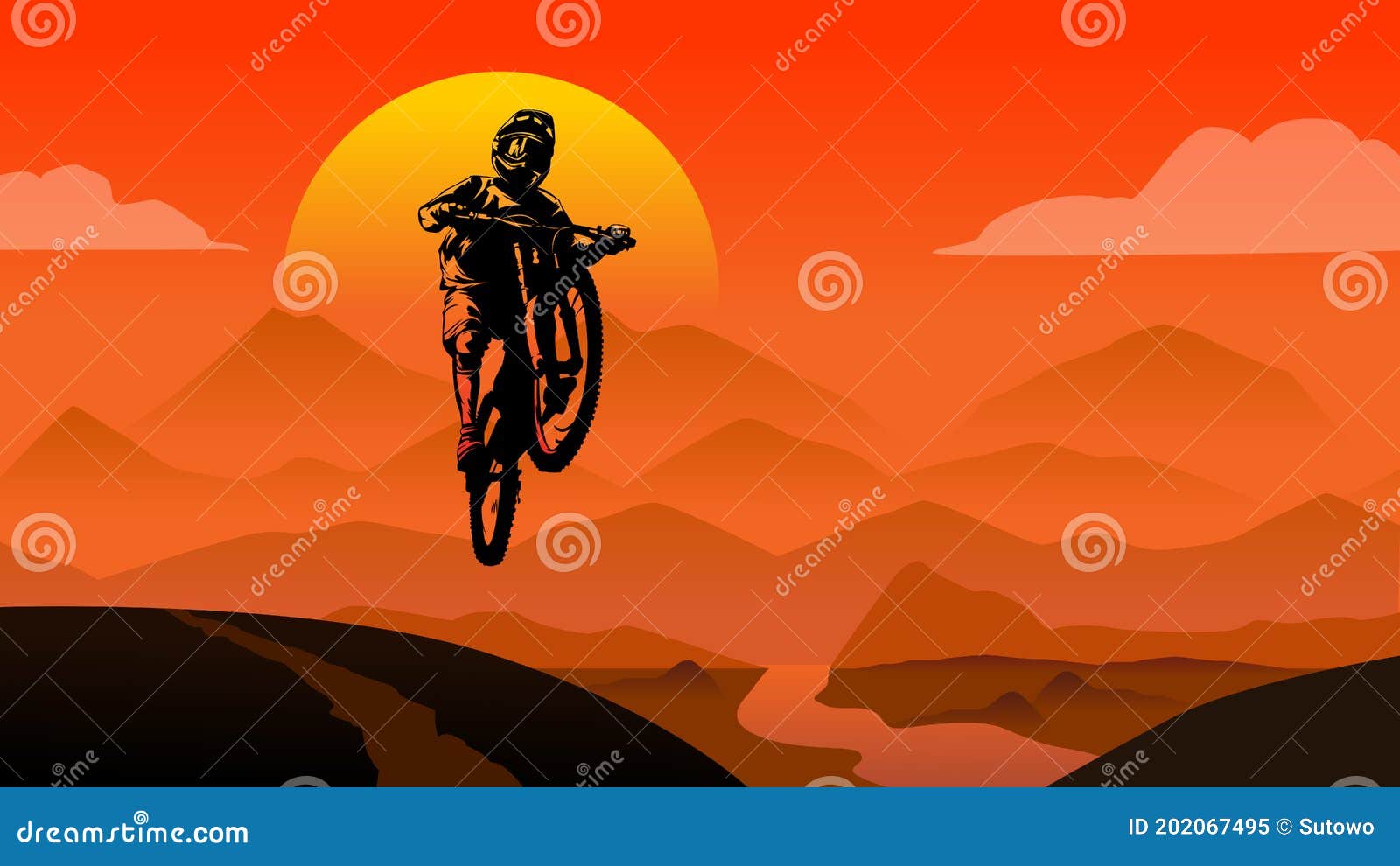 MTB Rider Jump Sunset in Mountains View Background Flat Style ...