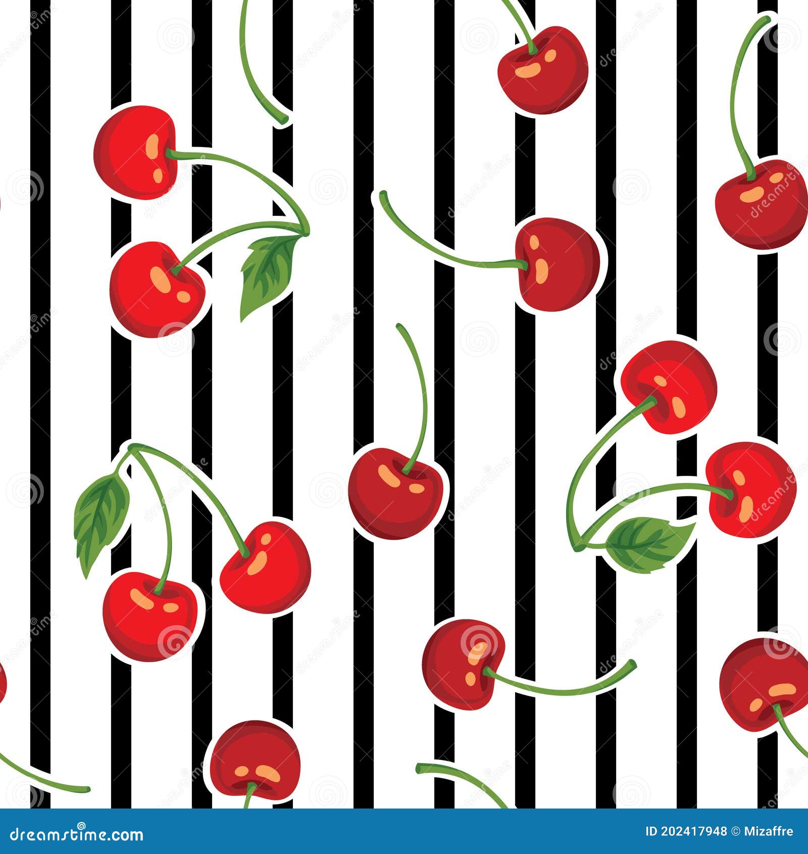 Seamless Cherry Pattern with Black Stripe and White Background Stock ...