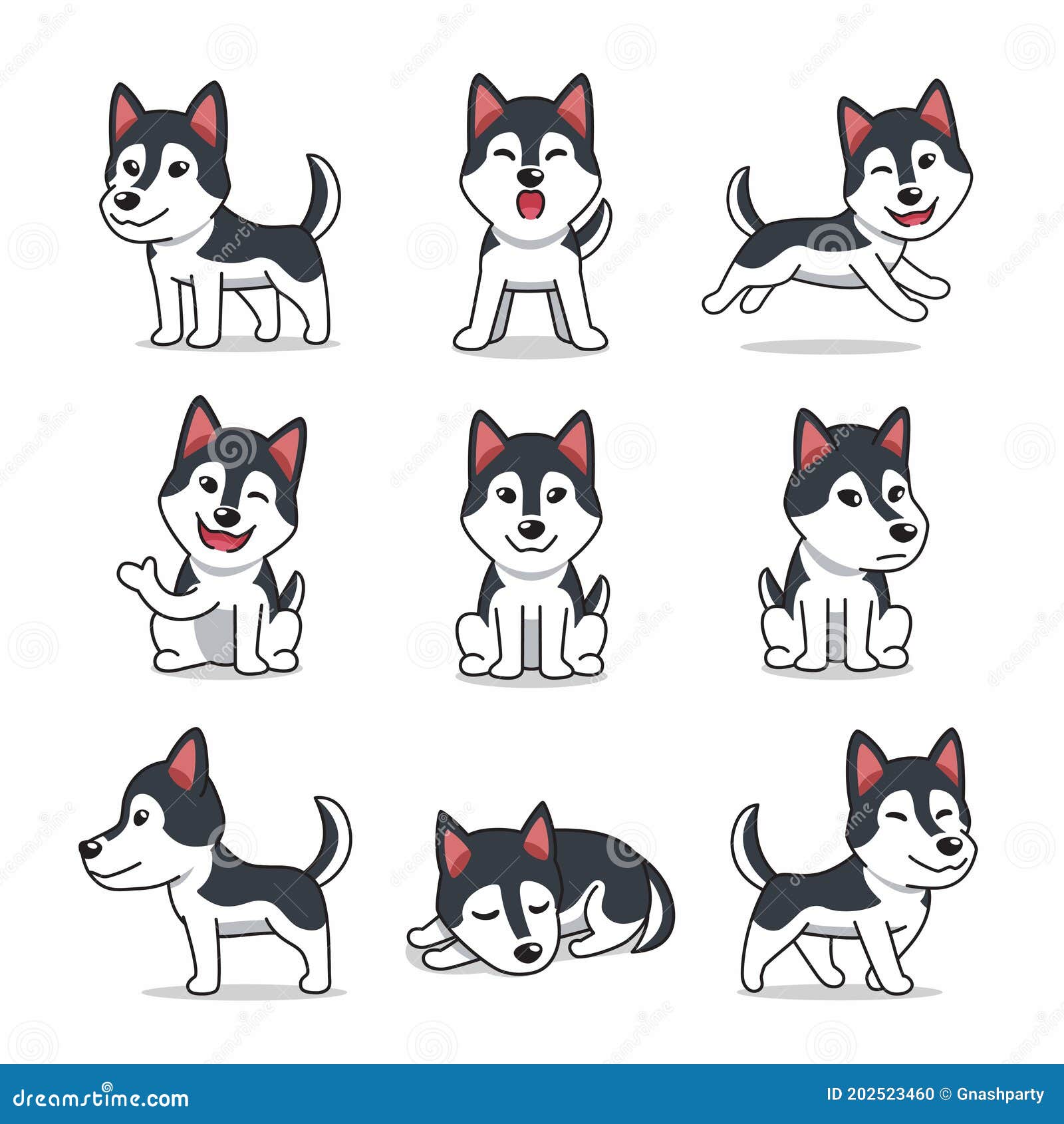 Cartoon Character Set of Siberian Husky Dog Stock Vector - Illustration ...