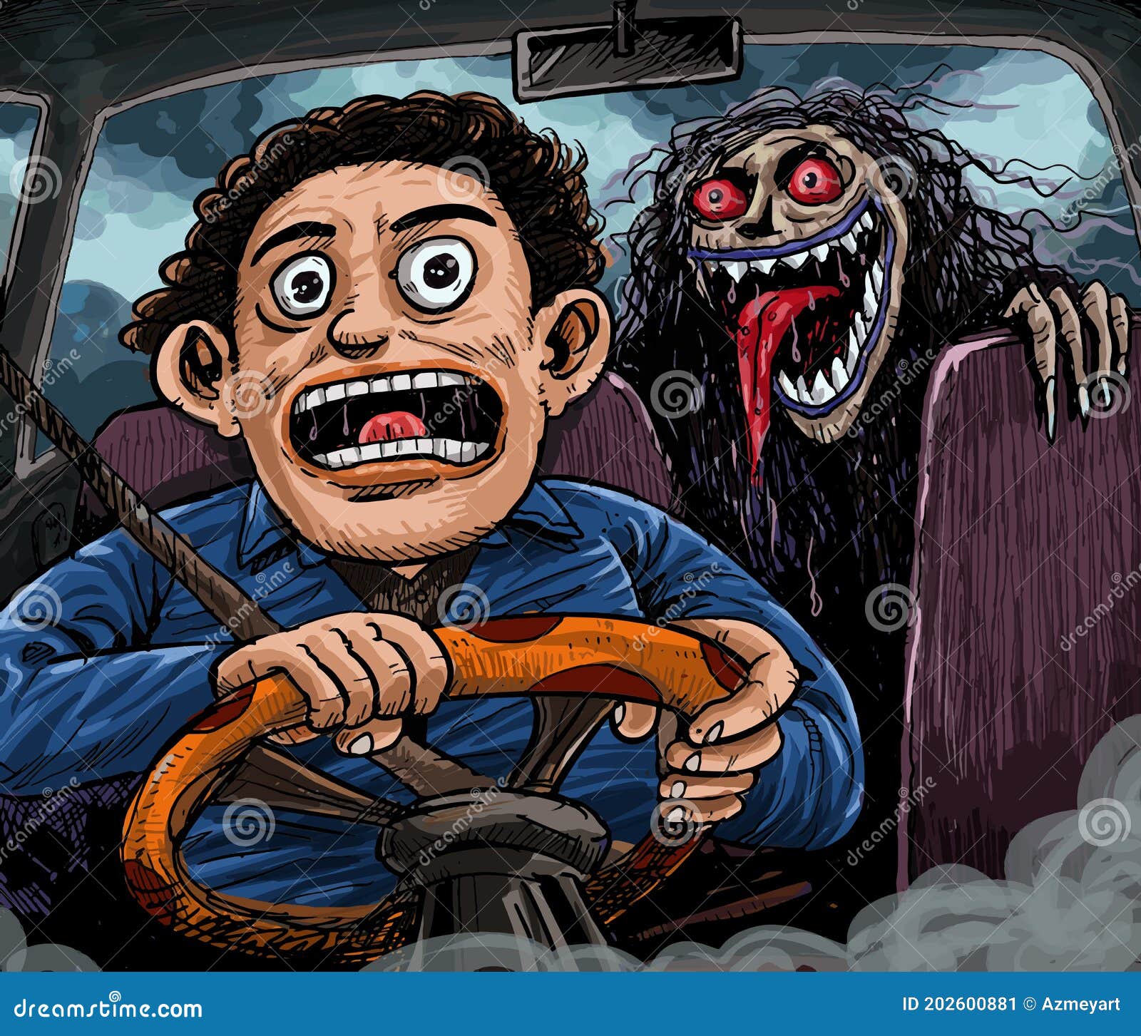 Driving Man Shocked Saw the Woman Vampire in the Car. Stock Vector ...