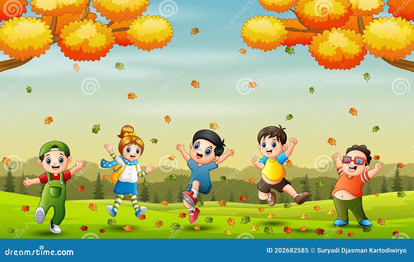Cheerful Little Kids Jumping in Autumn Background Stock Vector ...
