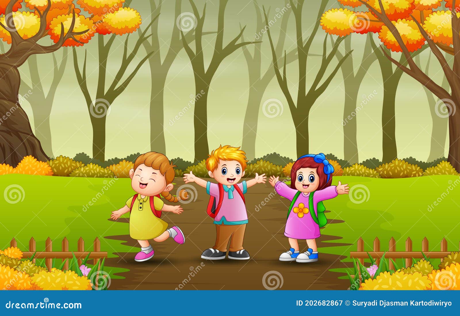 Happy Kids Walking in the Forest Path Stock Vector - Illustration of ...