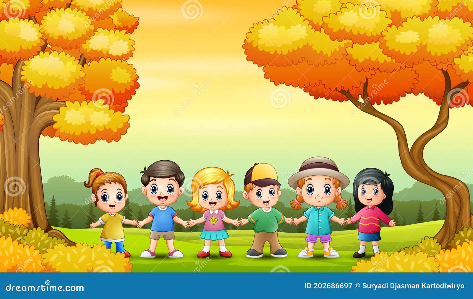 Group of Children in the Autumn Background Stock Vector - Illustration ...