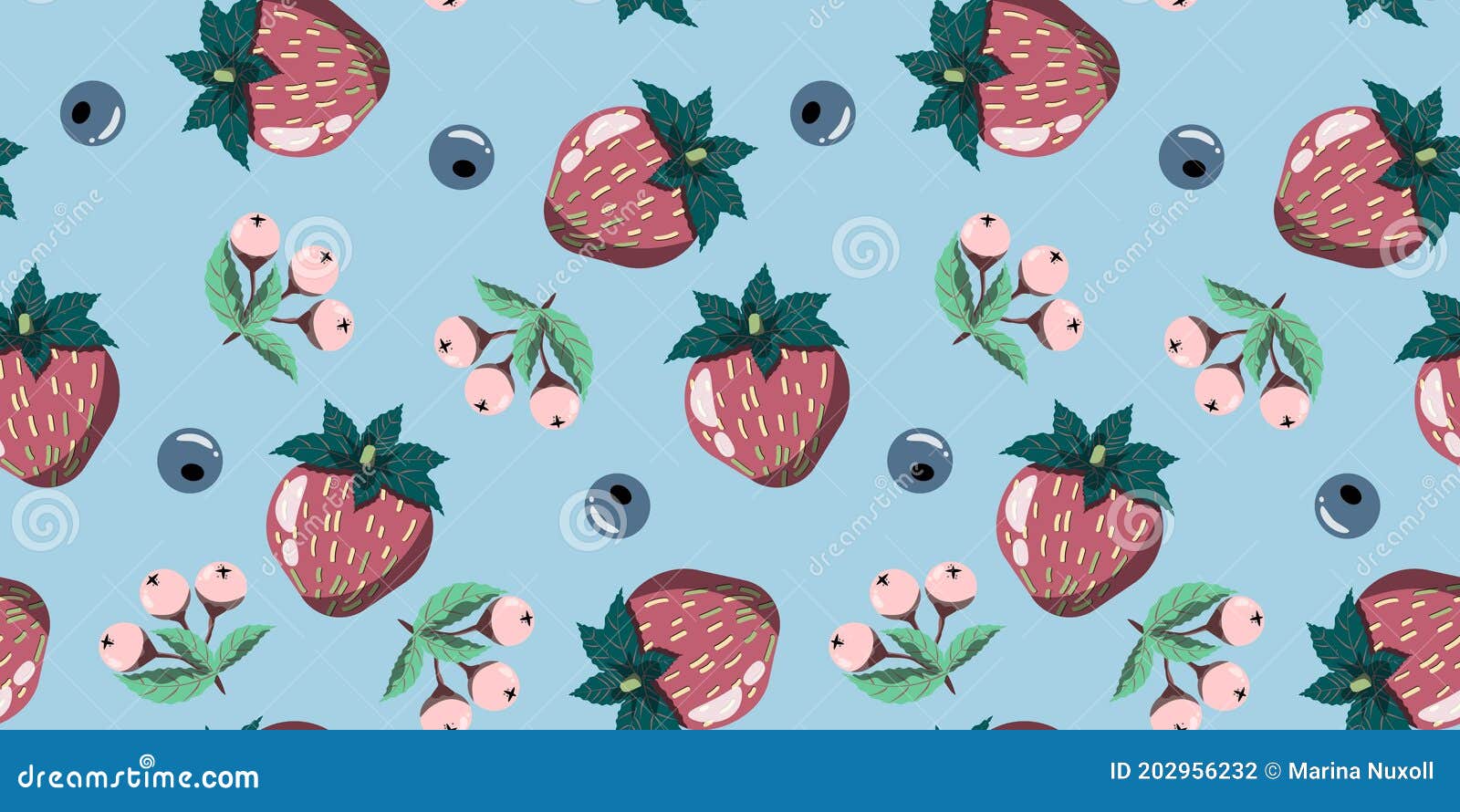 Cute Strawberries and Blueberries on Blue Background. Vector Seamless ...